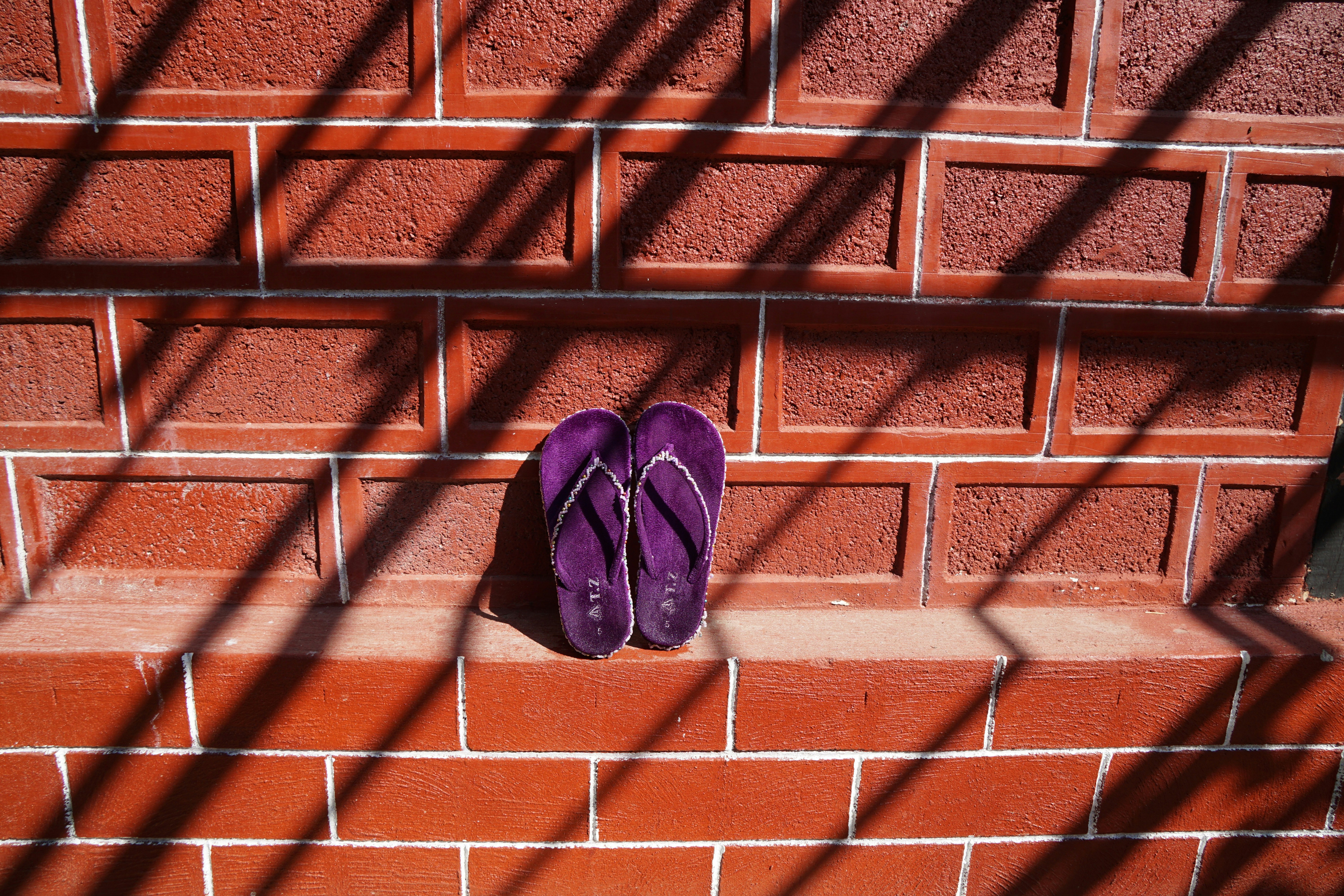 Purple slippers anchored on a brick stair, shaded by diagonal shadows