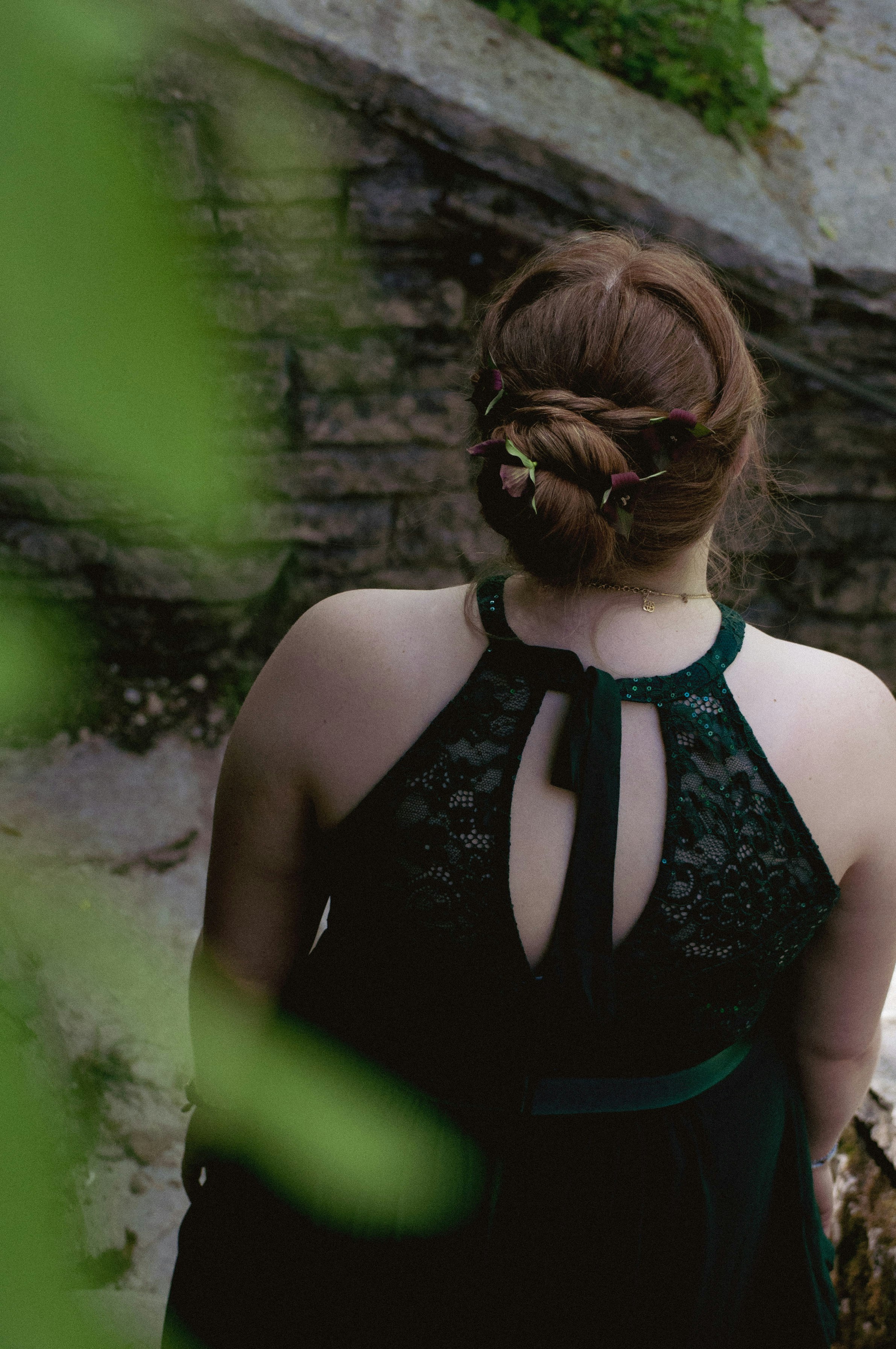 Braided Chiaroscuro: Back View in Lace and Forest Light