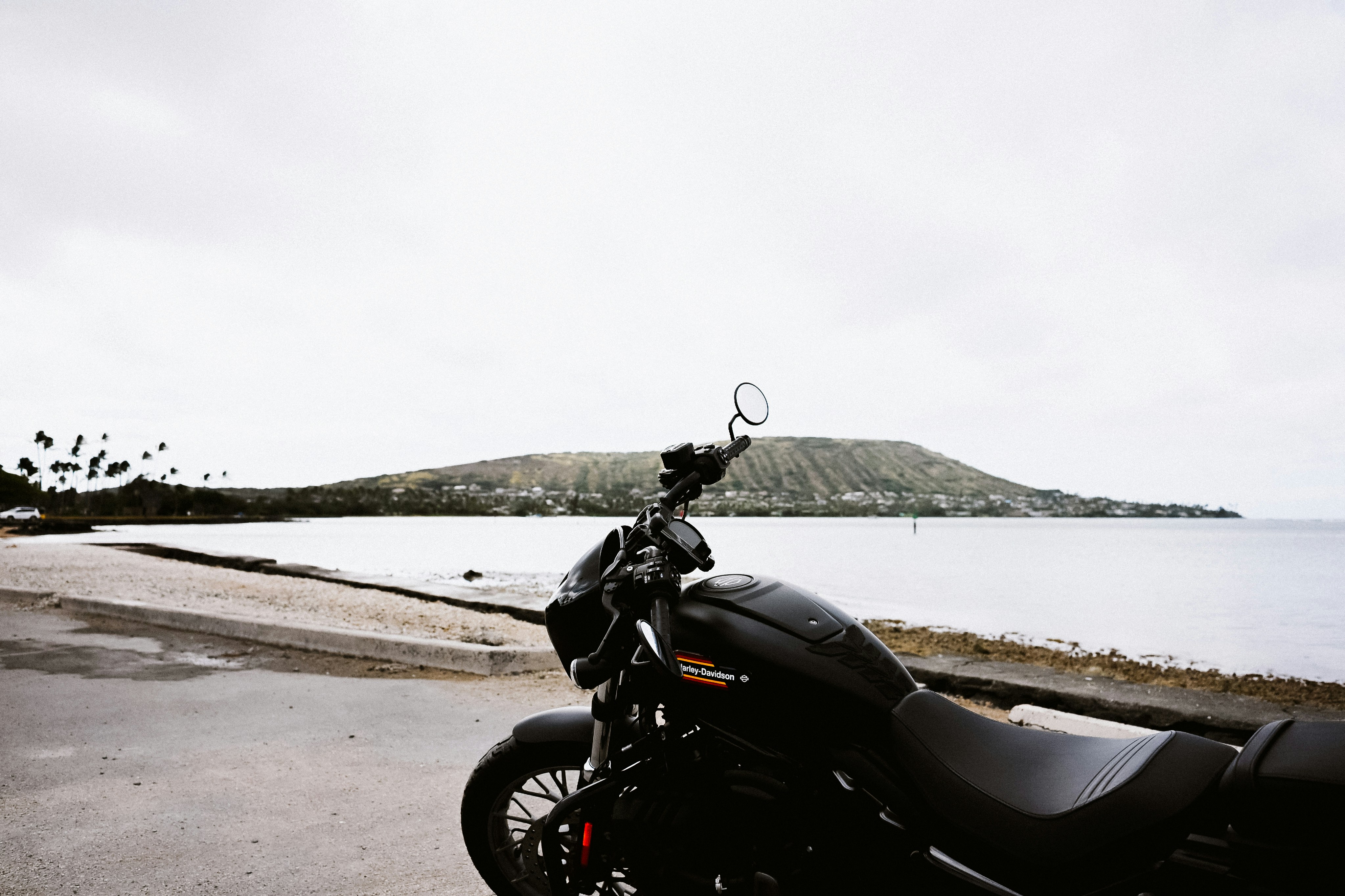 Motorcycle by the Sea: Quiet Coastline, Dark Matte Frame