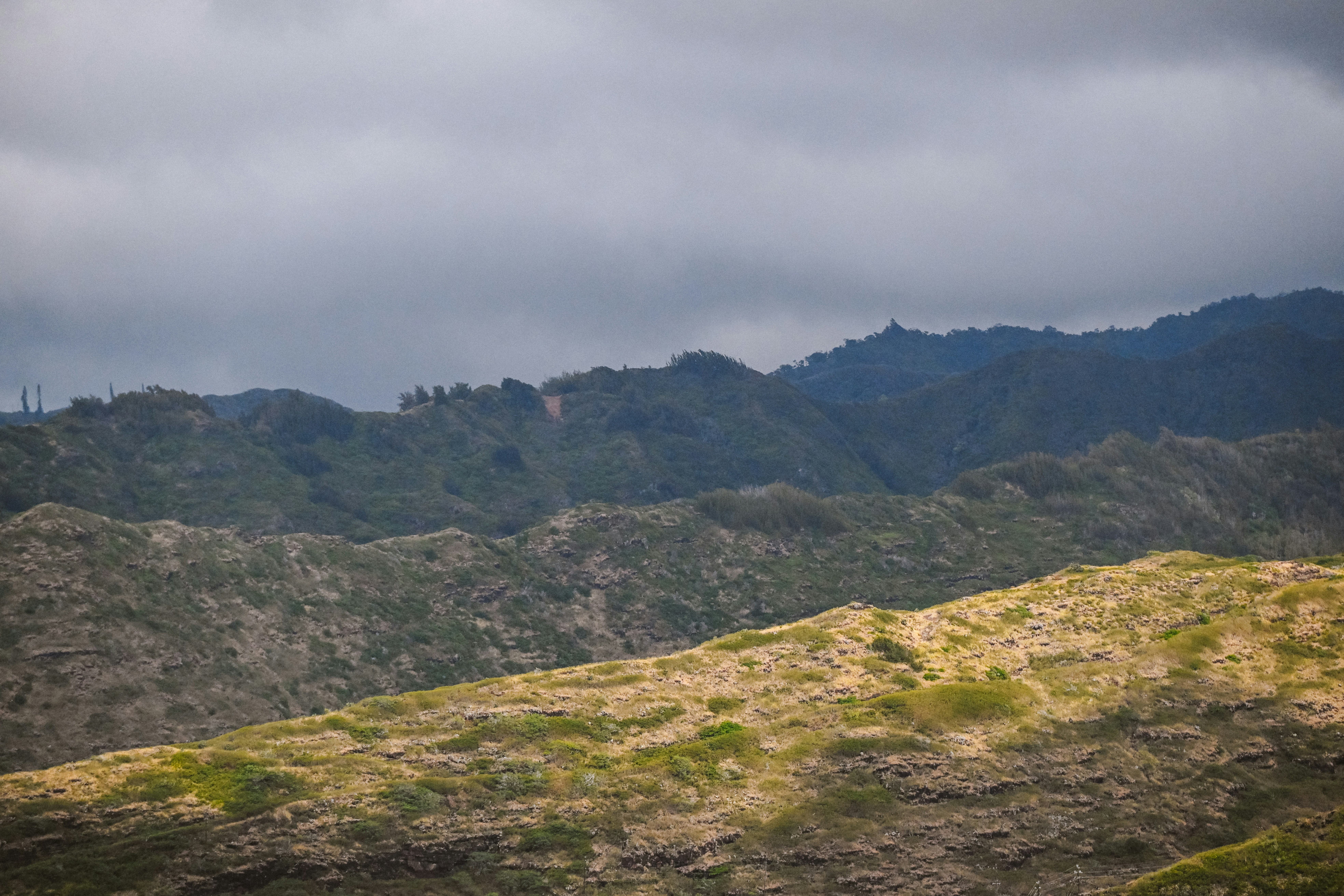 Grassy hills leading to dark mountains under a grey sky.