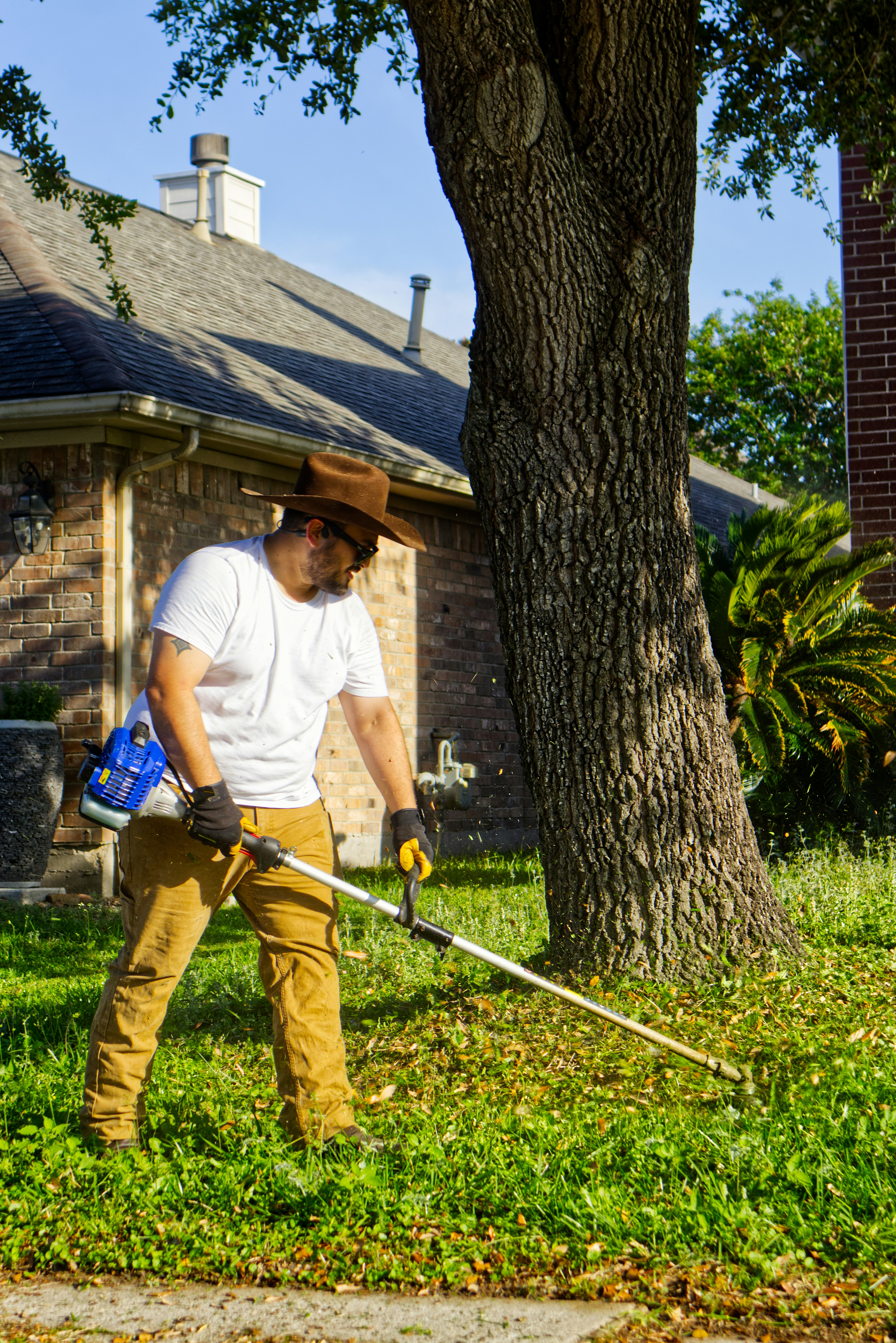 Grinding in the Green: A Yardwork Scene with a Man and Leaf Blower