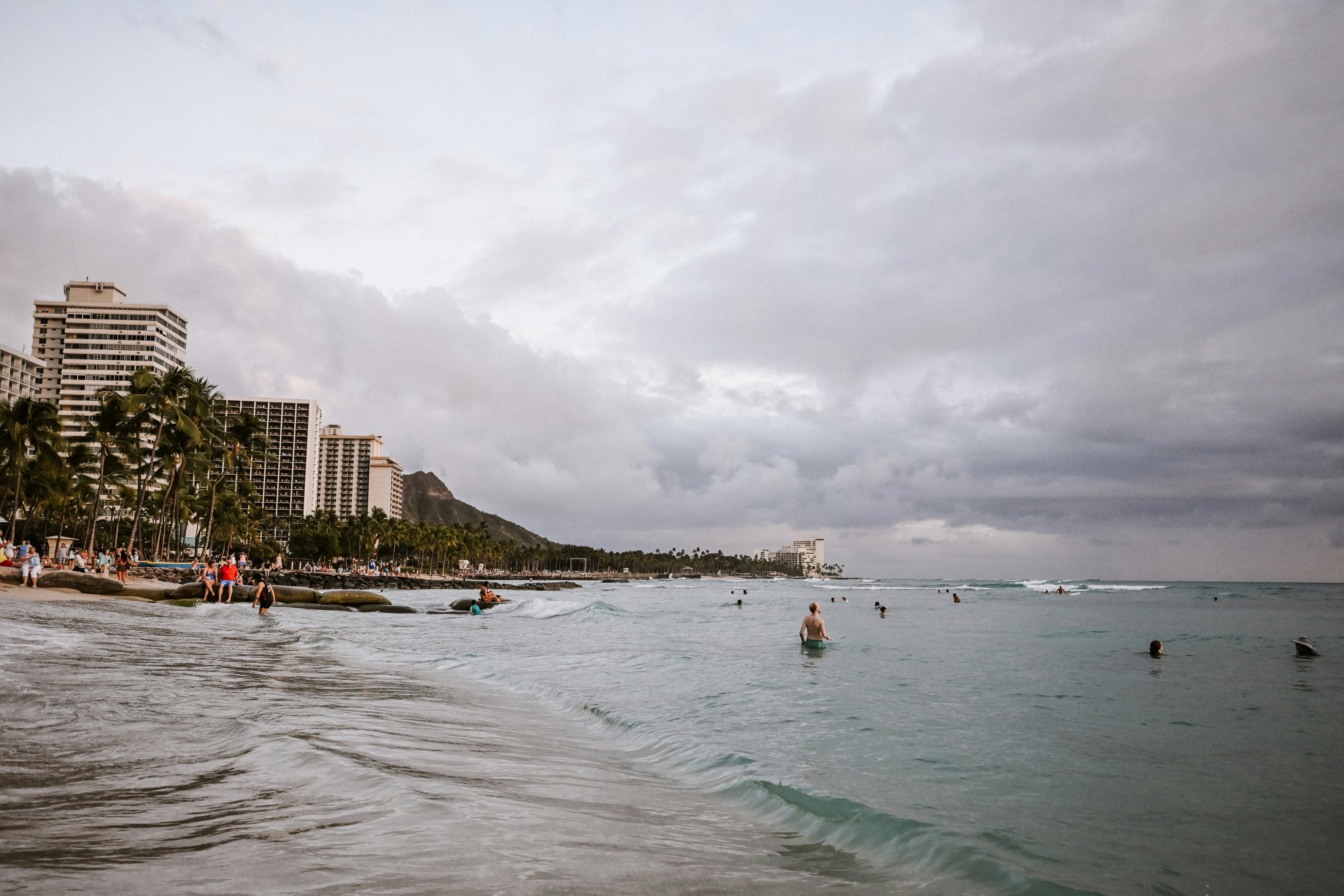 Coastal Skyline: Palm Shadows and Gentle Surf