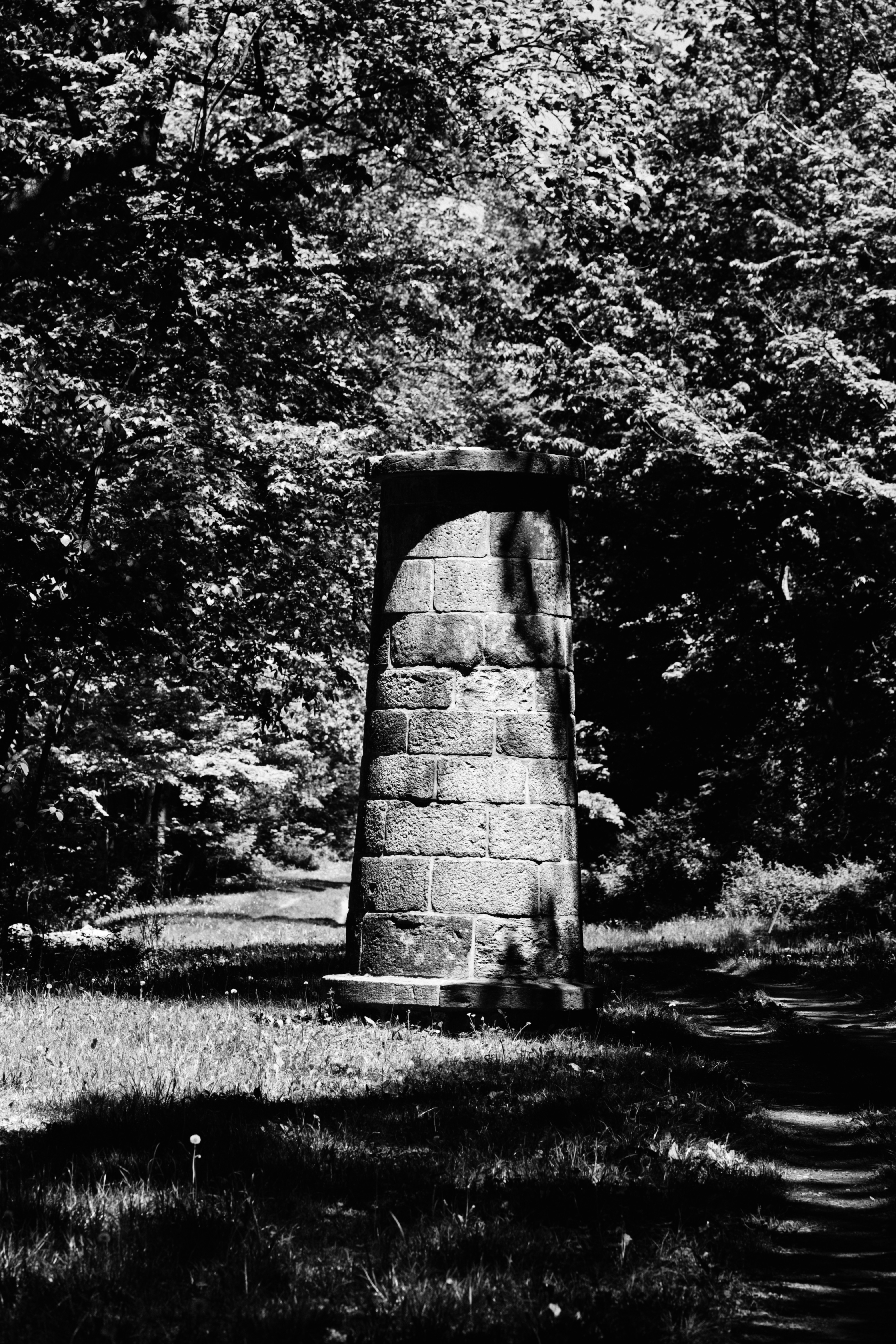 Stone Pillar in Dappled Park: A Quiet Moment in Black and White
