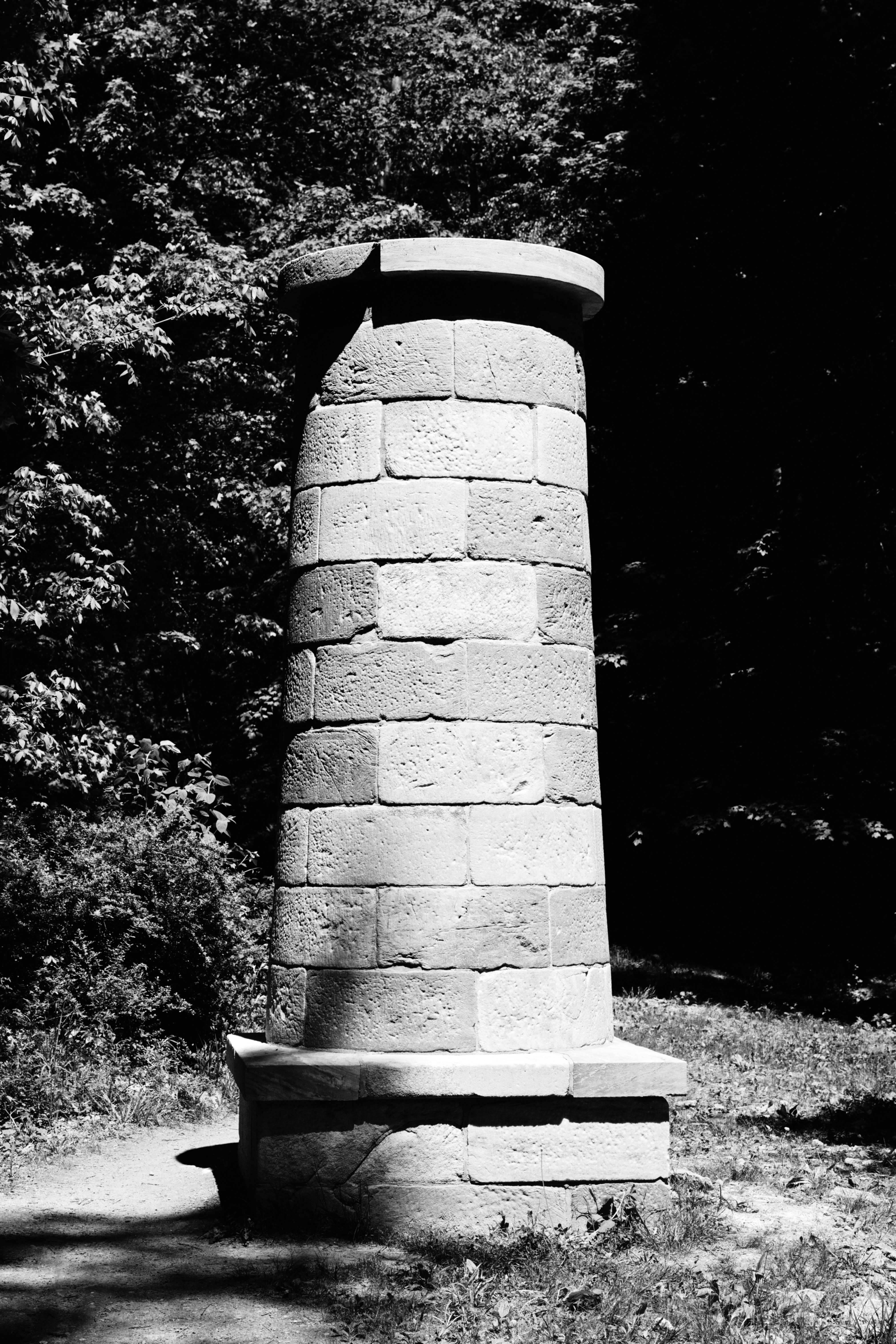 Stone Pillar in Shade: A Quiet Monument Amid Forest Light