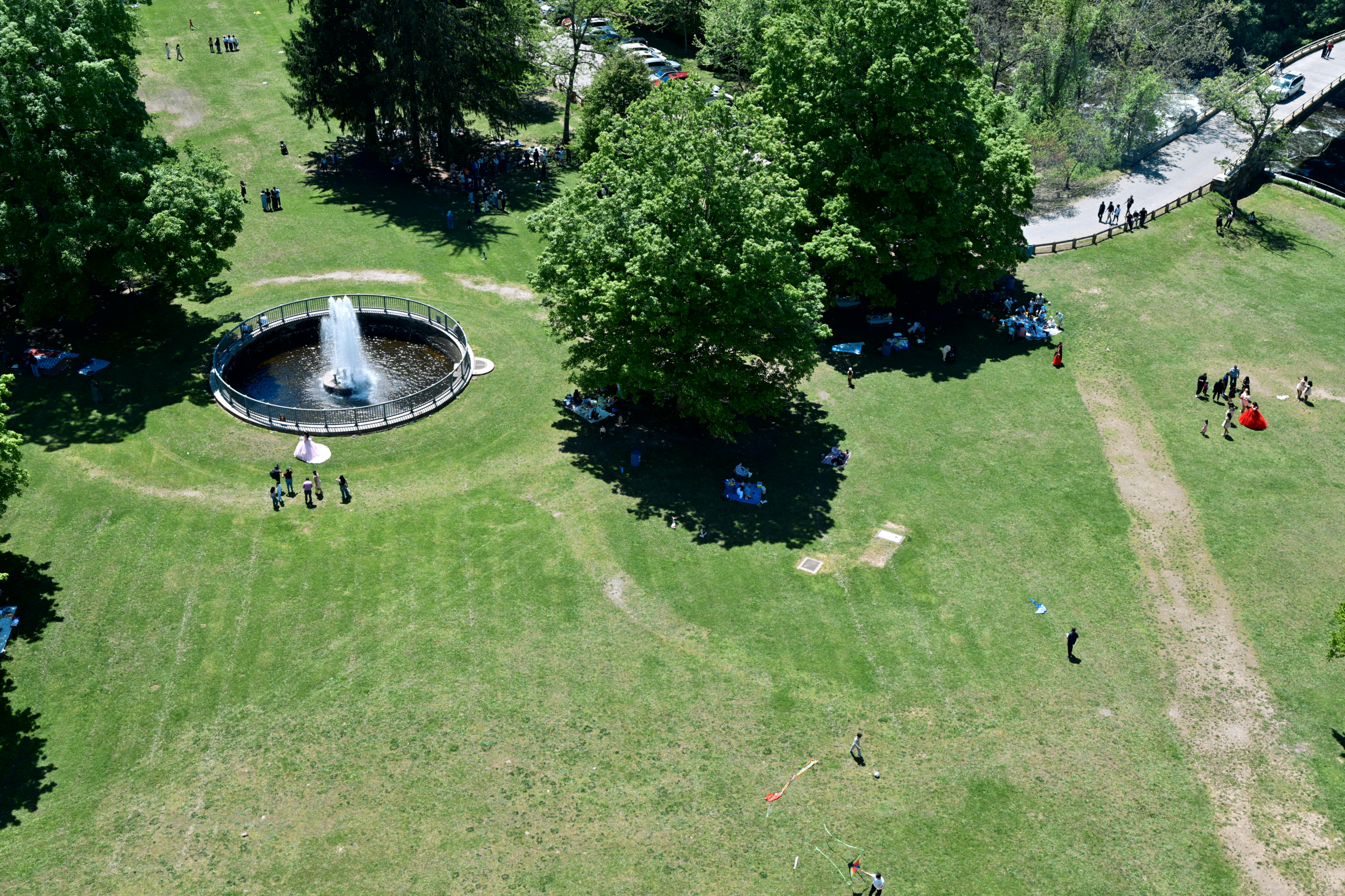 A Circular Fountain and Shaded Lawn: A Bird’s-Eye Park Portrait