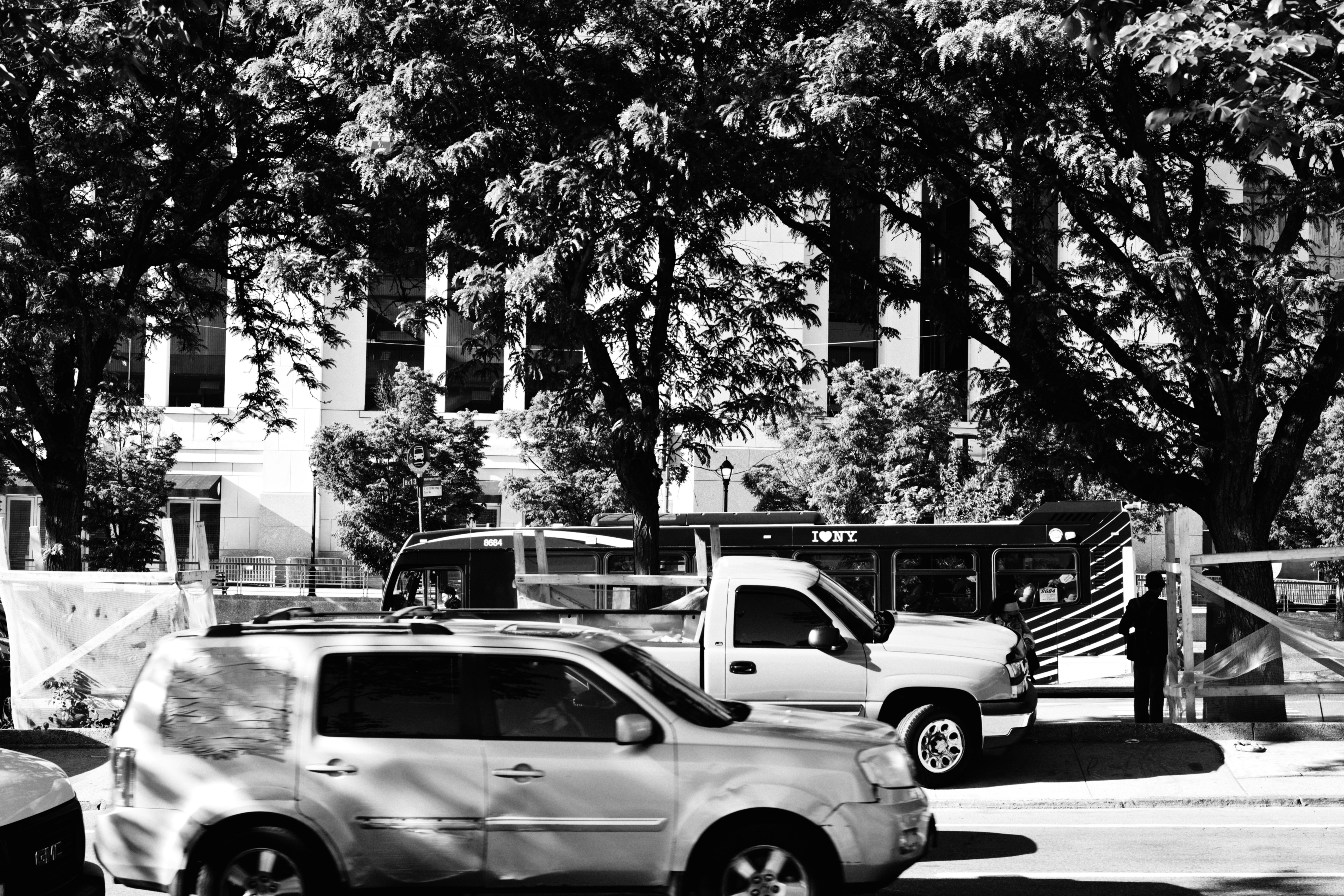 Parade of Vans at a Sunlit Campus Gate