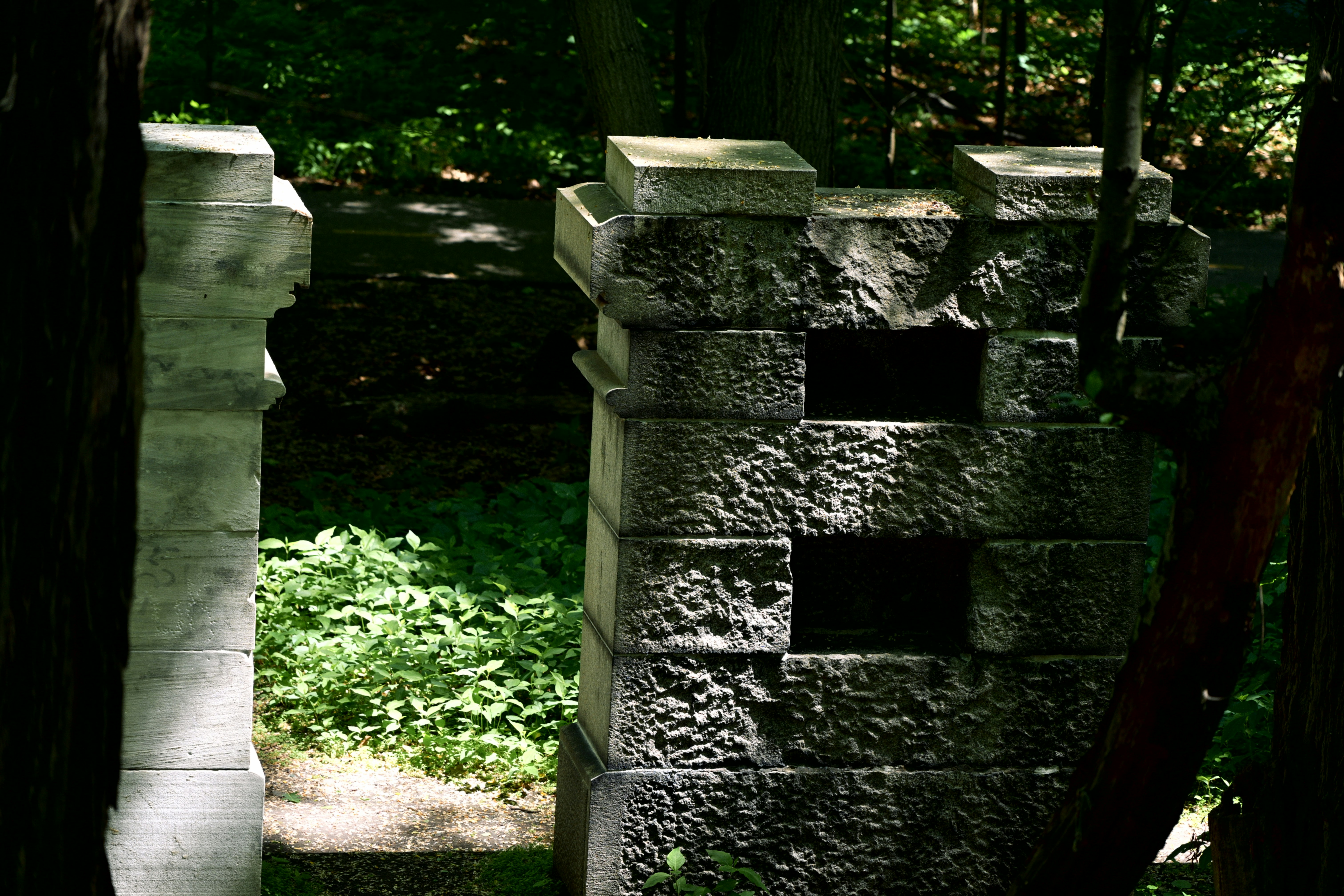 Old stone pillars in a shaded, overgrown forest.