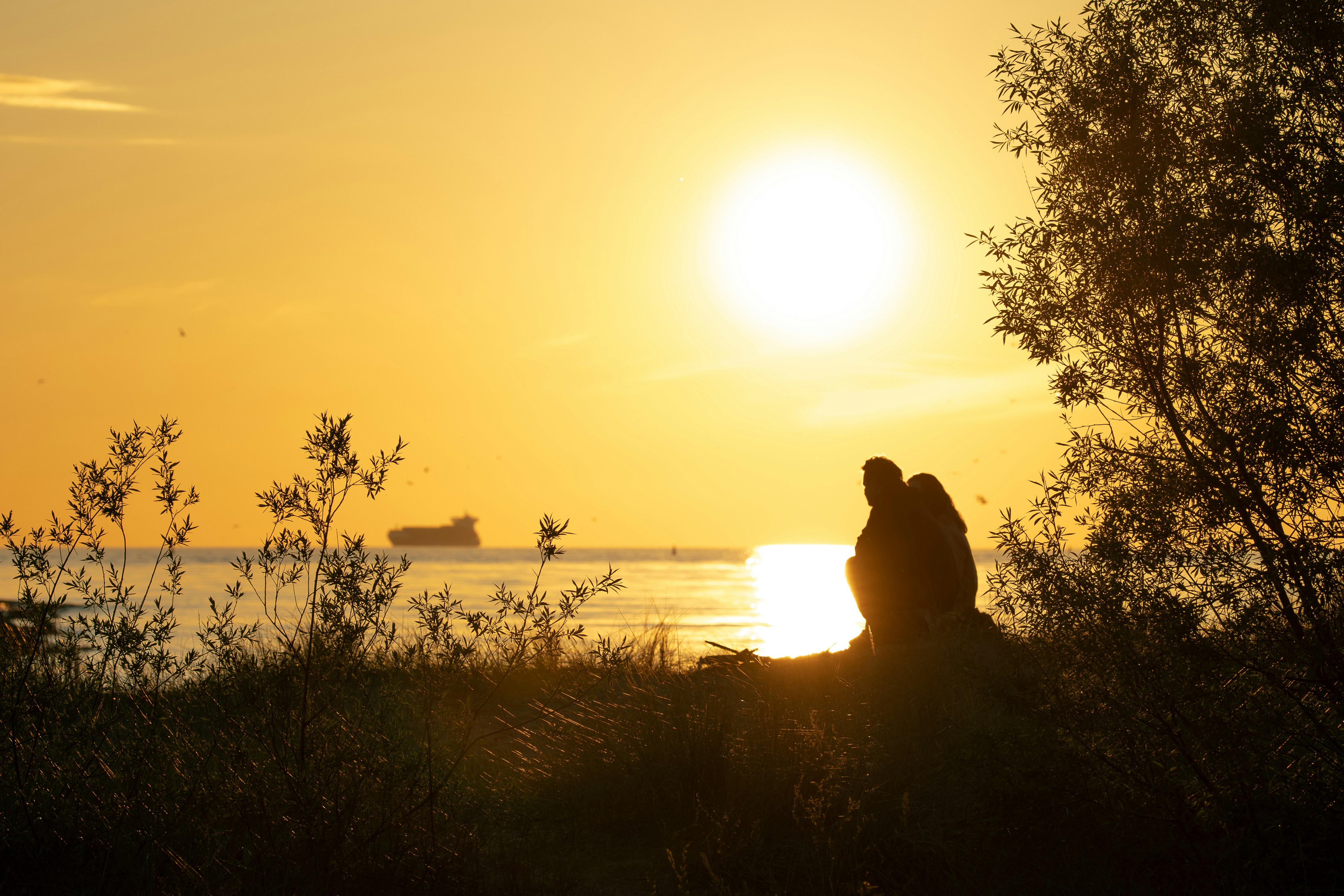  silhouettes at golden hour: couple by the shore