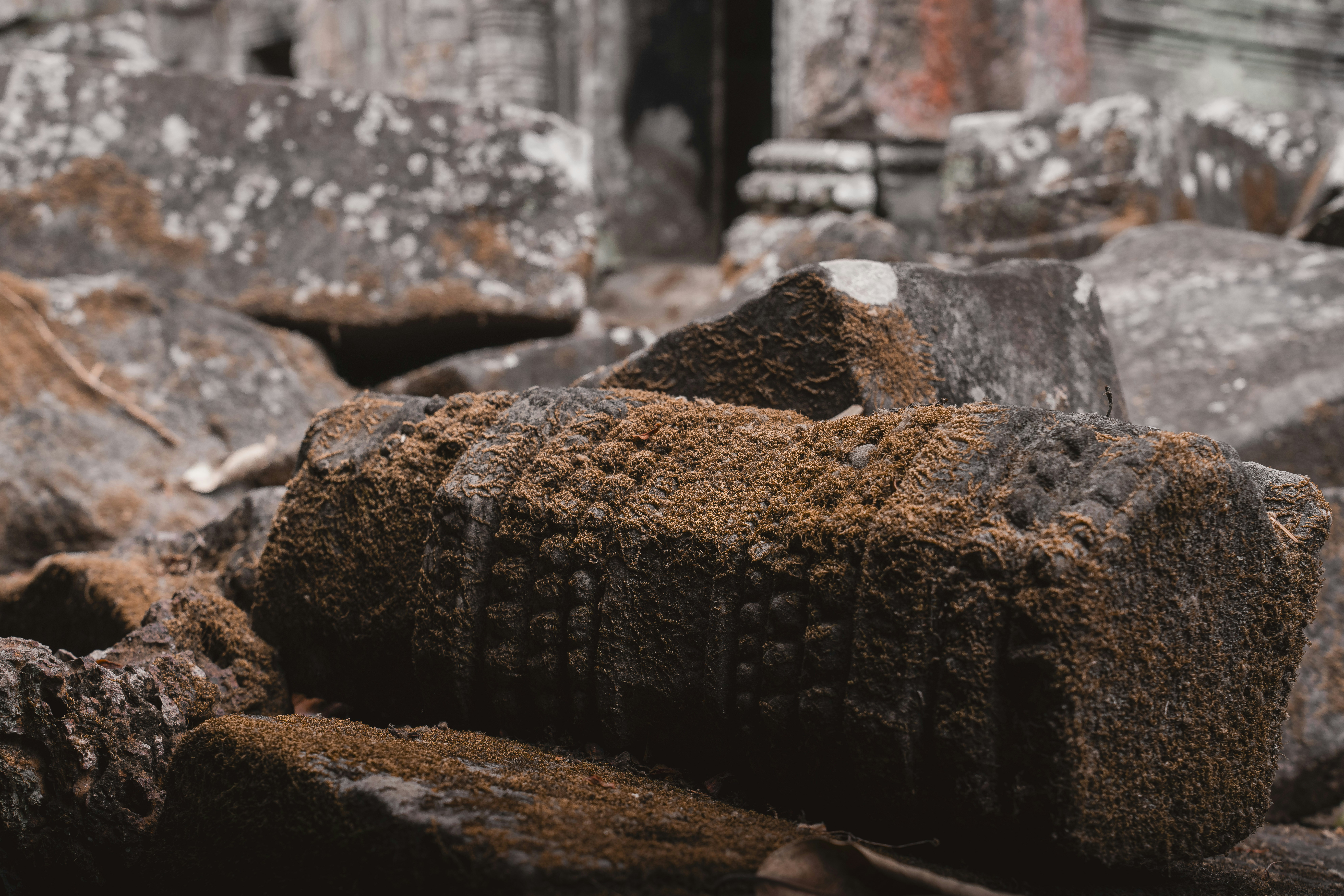 Carved Stone Relic in Weathered Temple Rubble