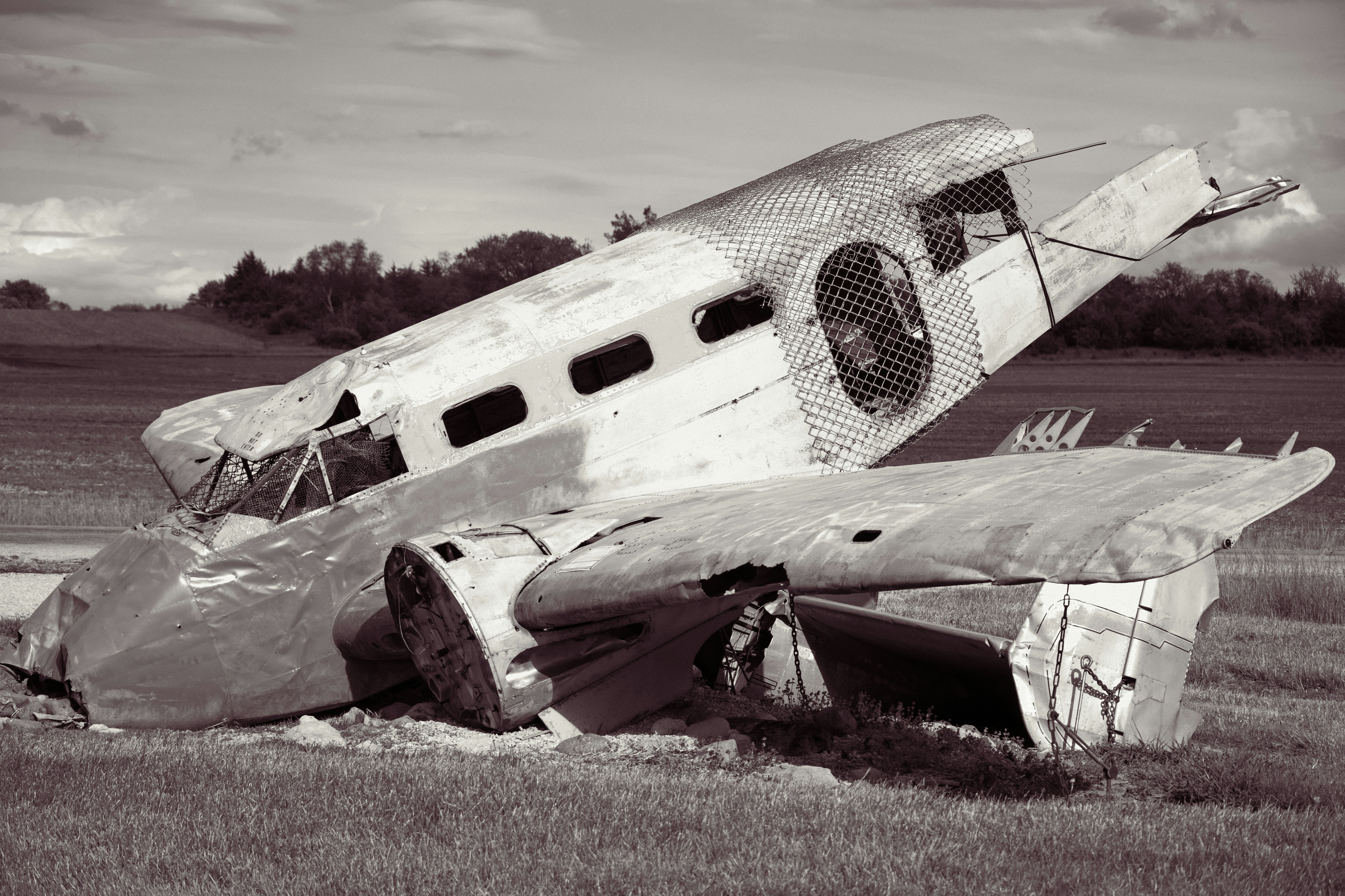 Wrecked Airframe Resting in Grass: A Grayscale Remnant of Flight