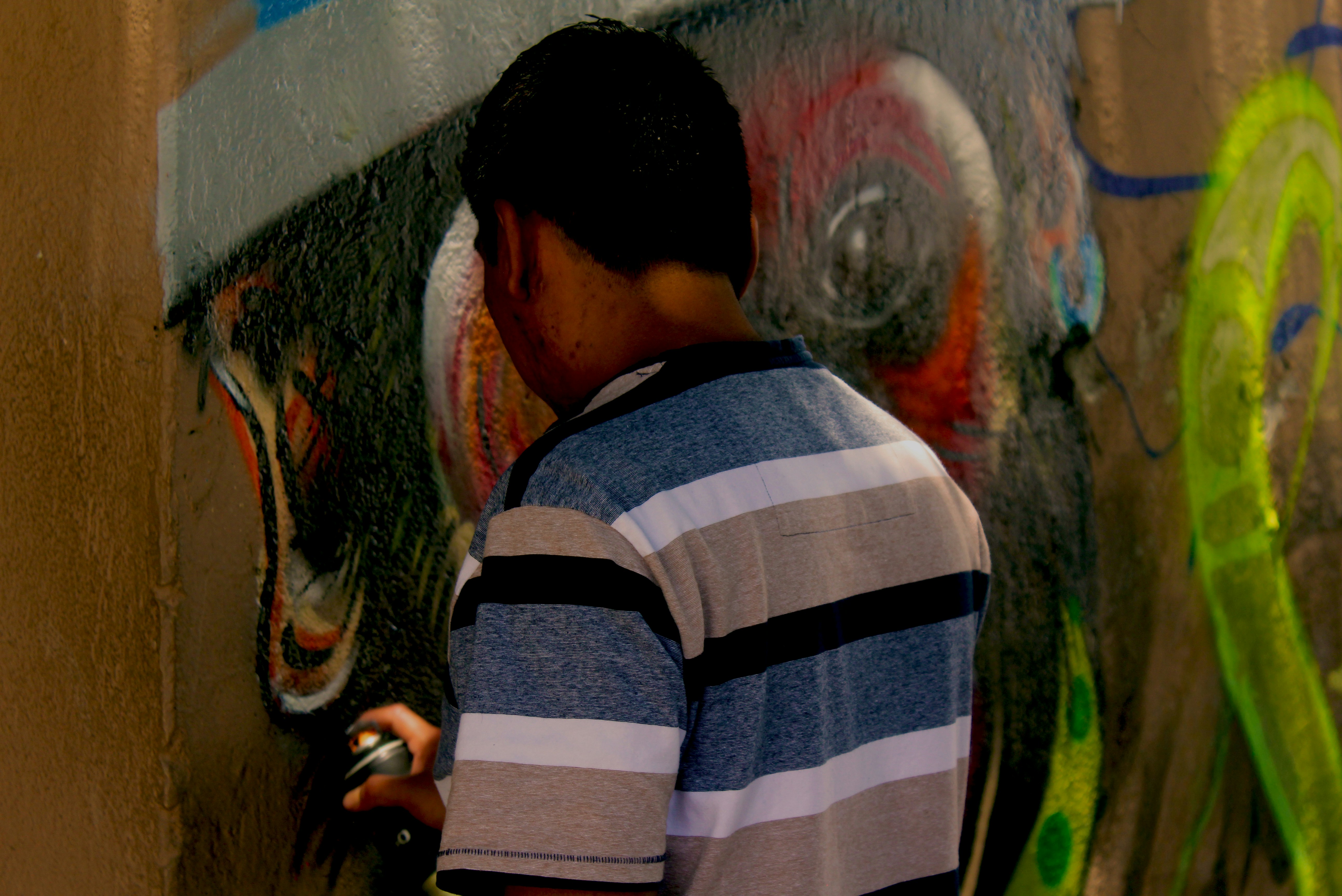 Graffiti Portrait: A Back-Turned Artist in a Colorful Wall Scene