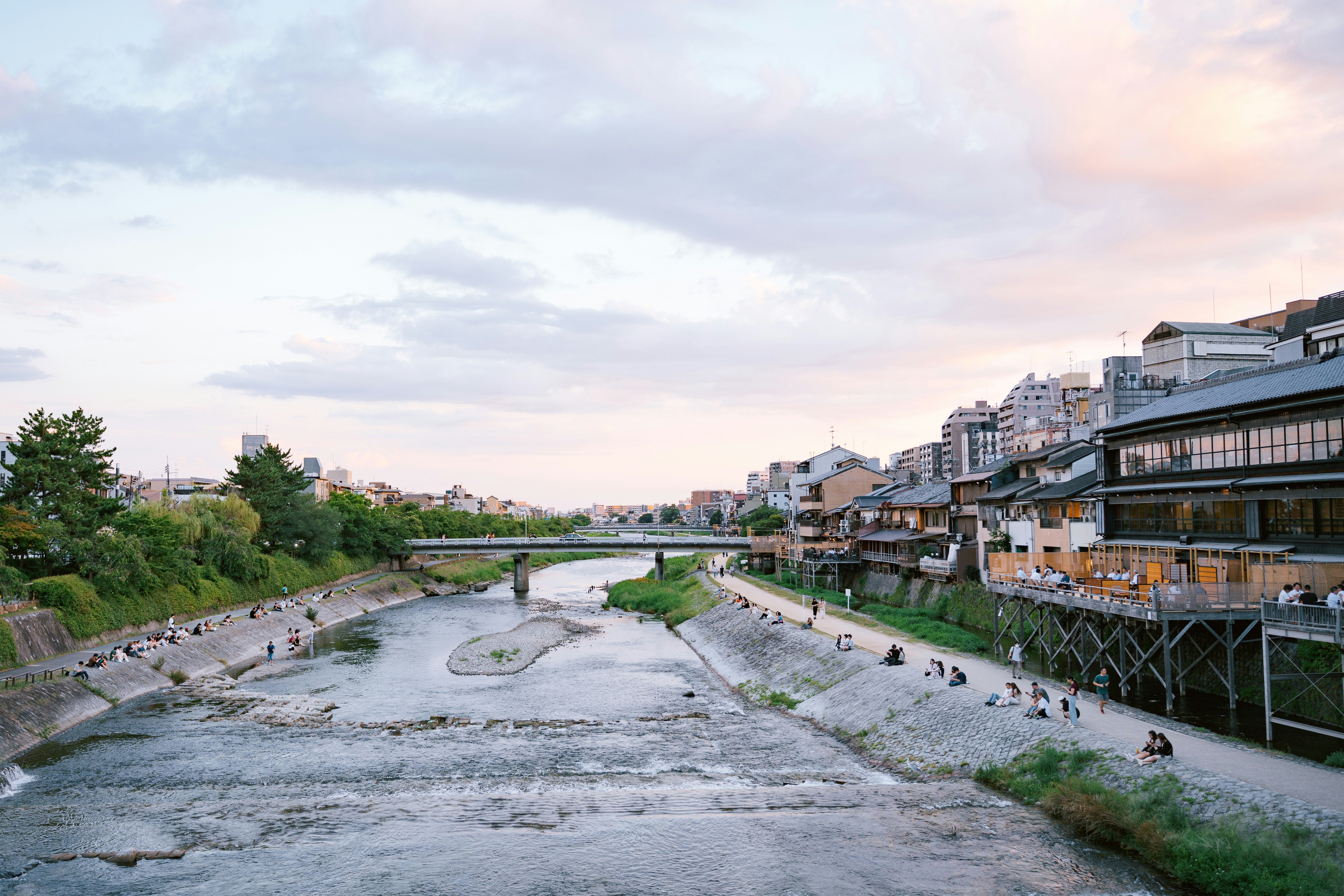 Riverbank Symphony: A Saline Sunset Over Kyoto-esque Gorge