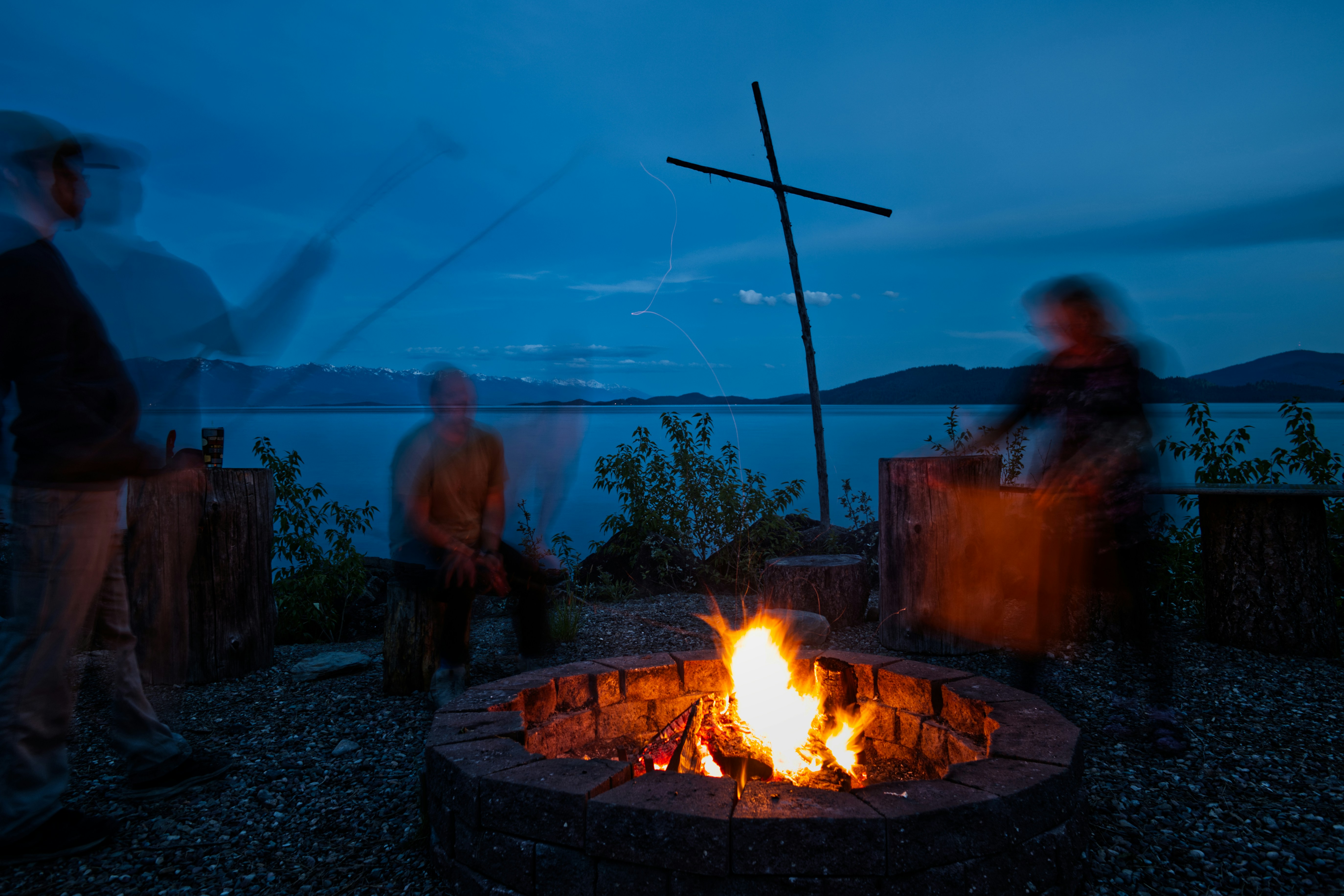 Campfire Portrait by the Lake: Ghosts of Nightfall