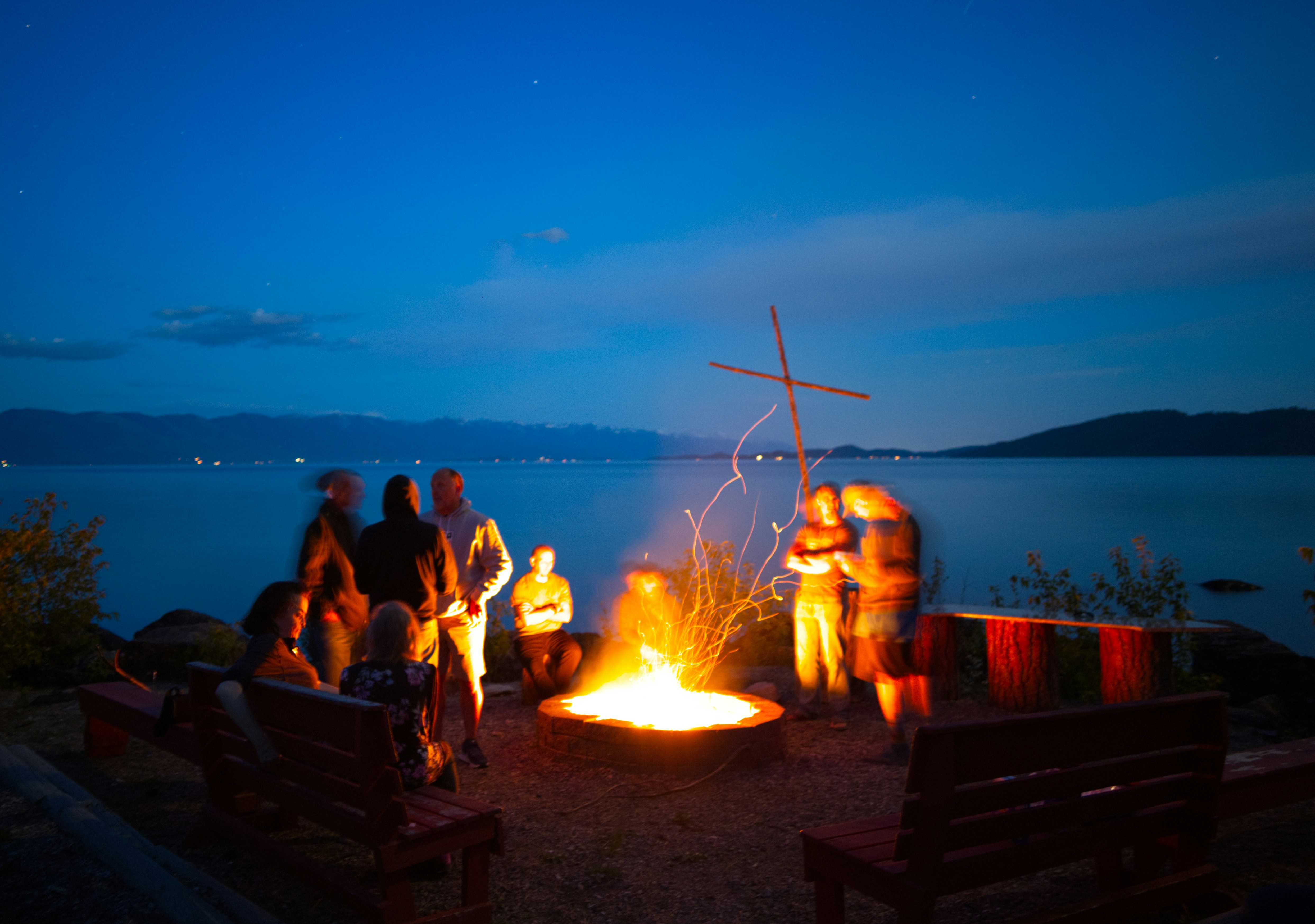  twilight circle: firelit gathering by the lake