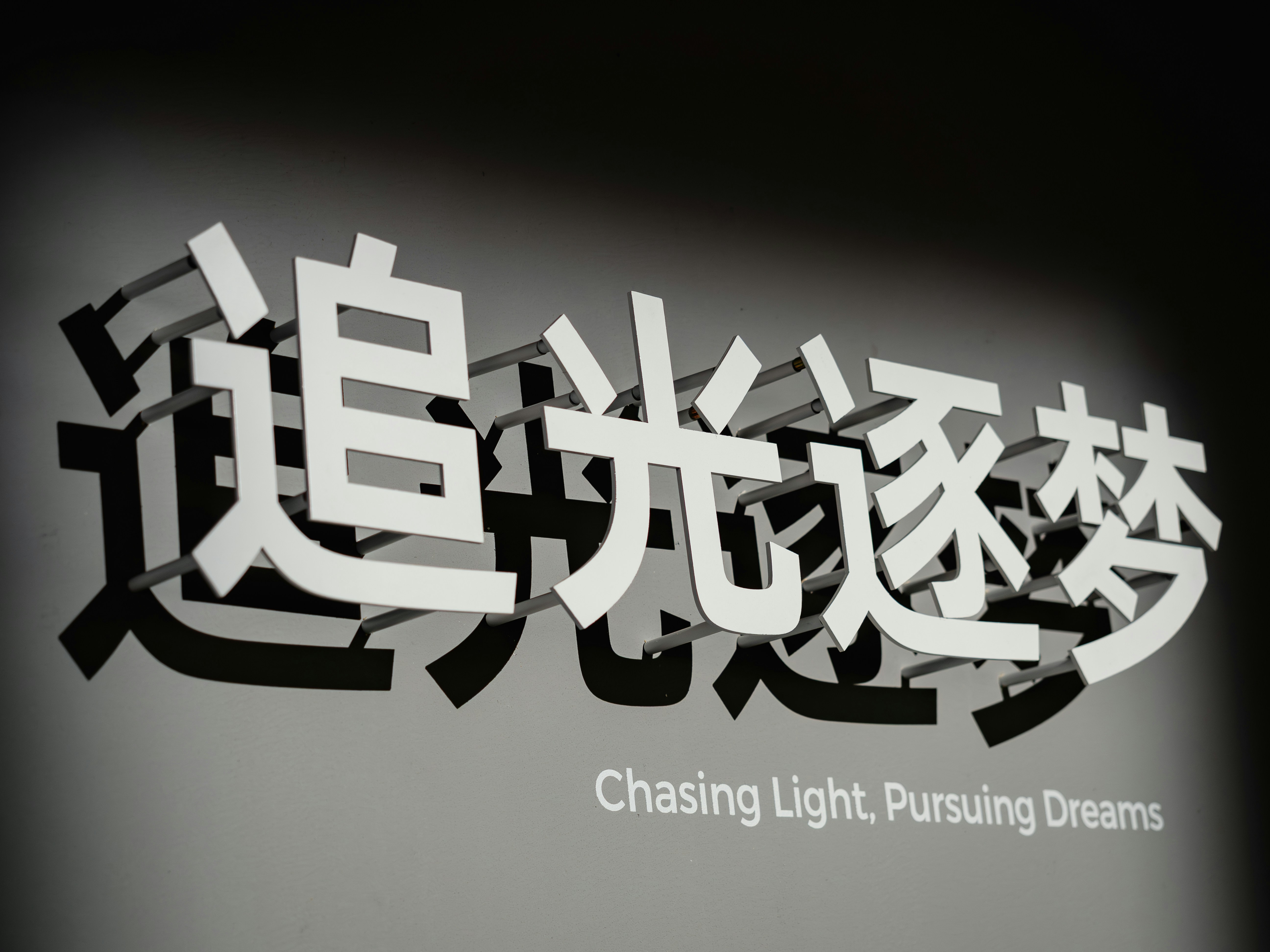 Bold white Chinese characters cast dramatic shadows on a gradient background with a small English subtitle. The composition highlights typography as the main subject, suggesting a mural or signage context.