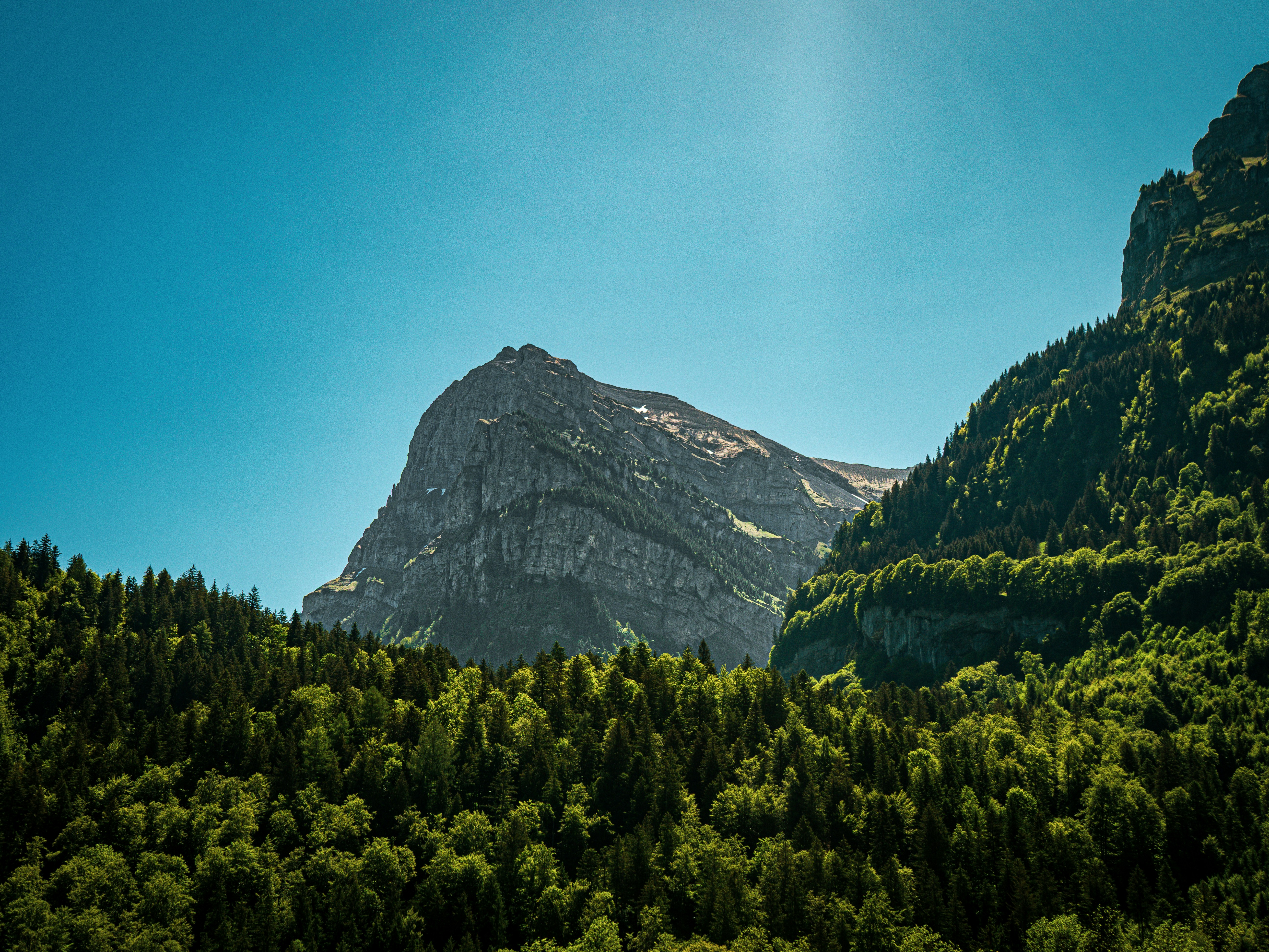 Peak in Focus: A Sunlit Summit Over a Verdant Basin