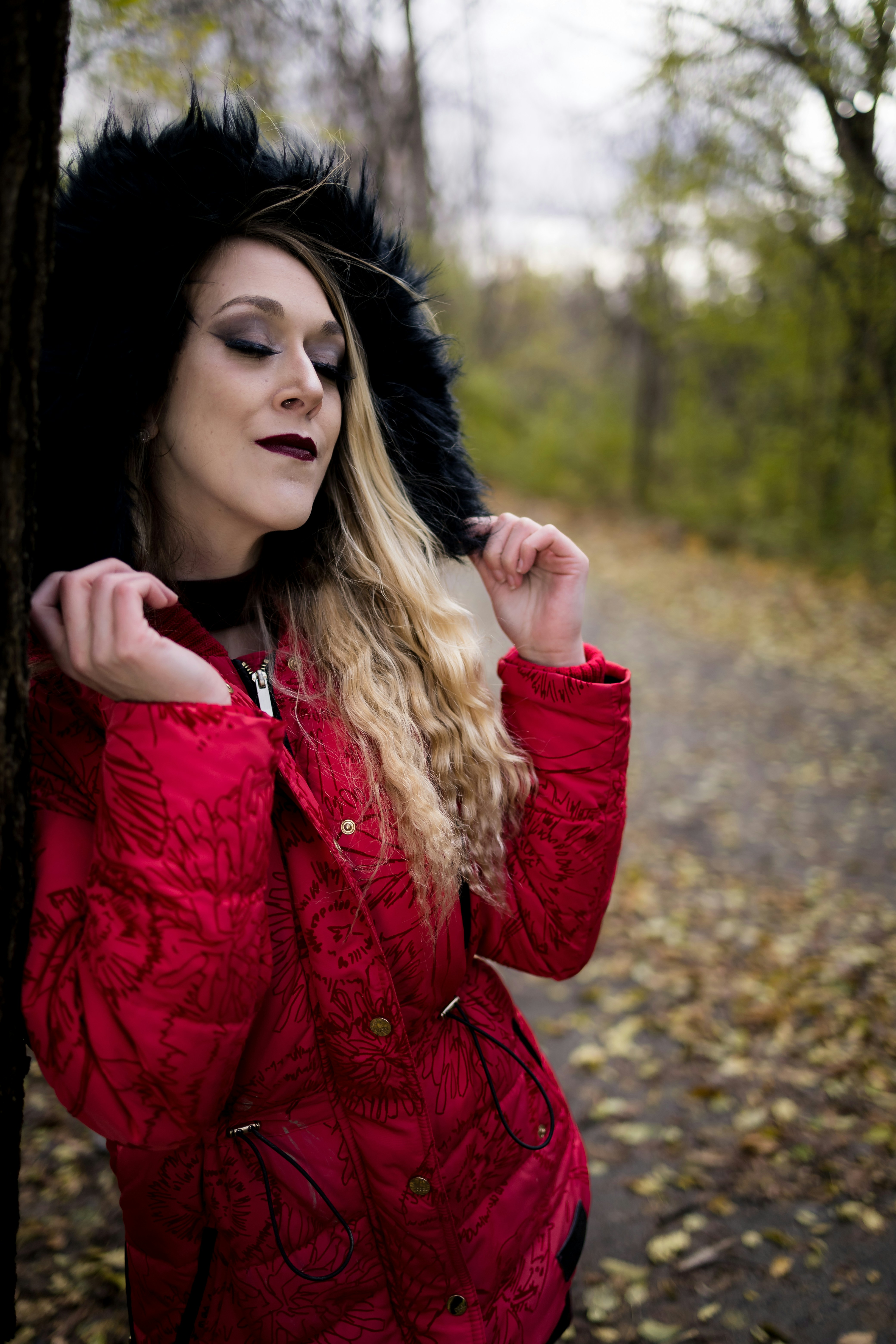 Red Autumn Portrait: Velvet Lips and Velvet Hood