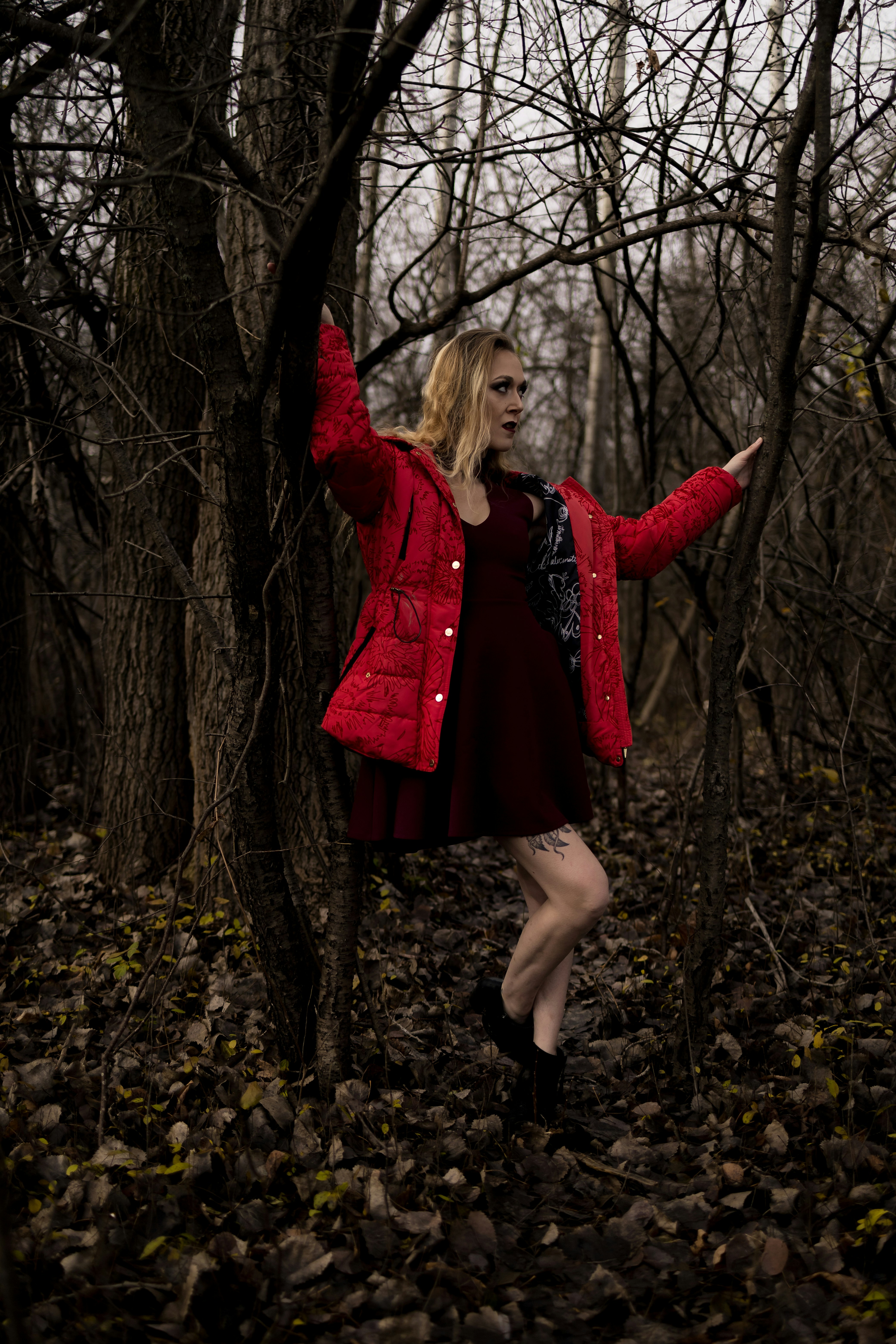 Red Coat in the Shadowed Woods: A Portrait Among Bare Branches