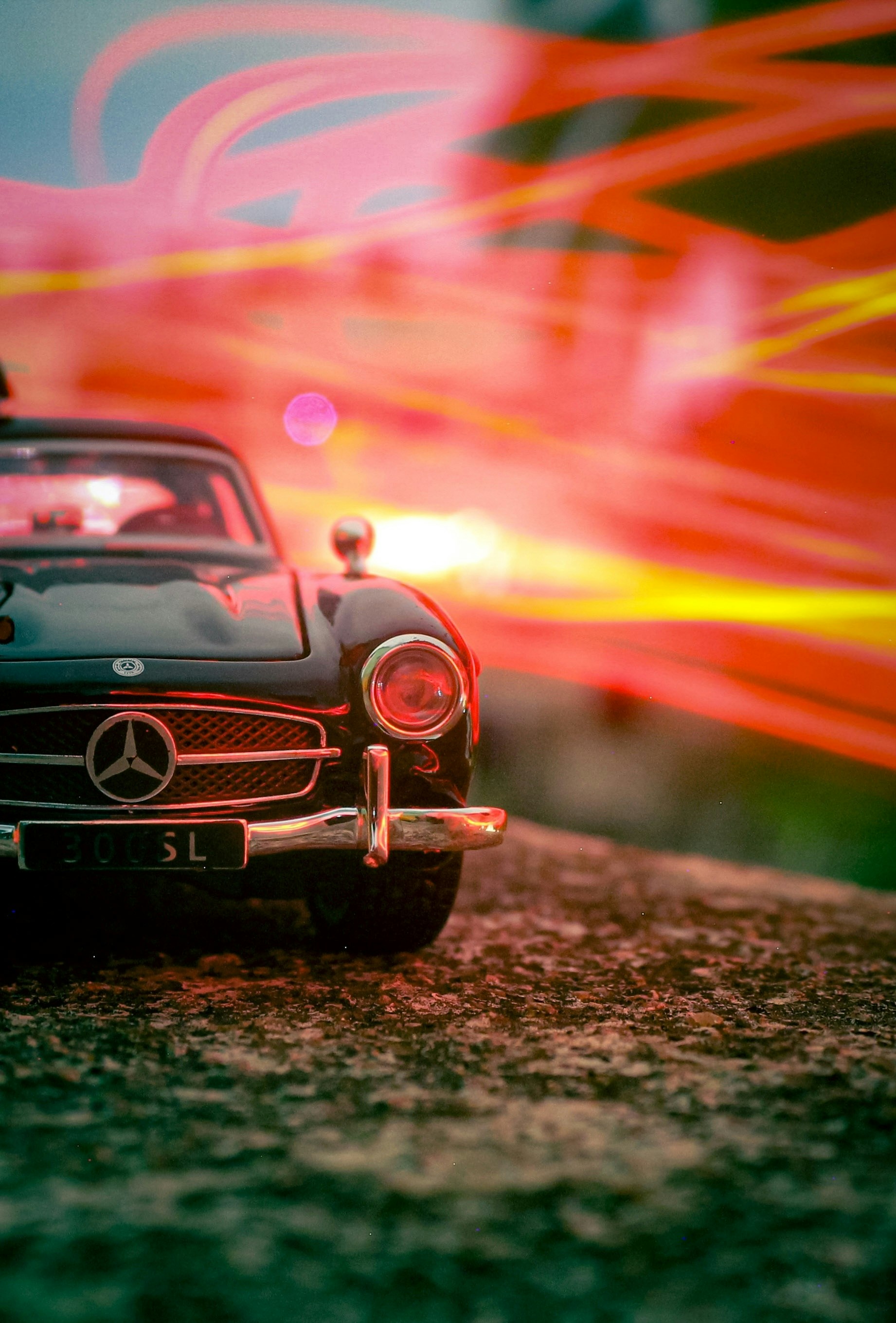 Vintage Mercedes Roaring Past Neon Trails