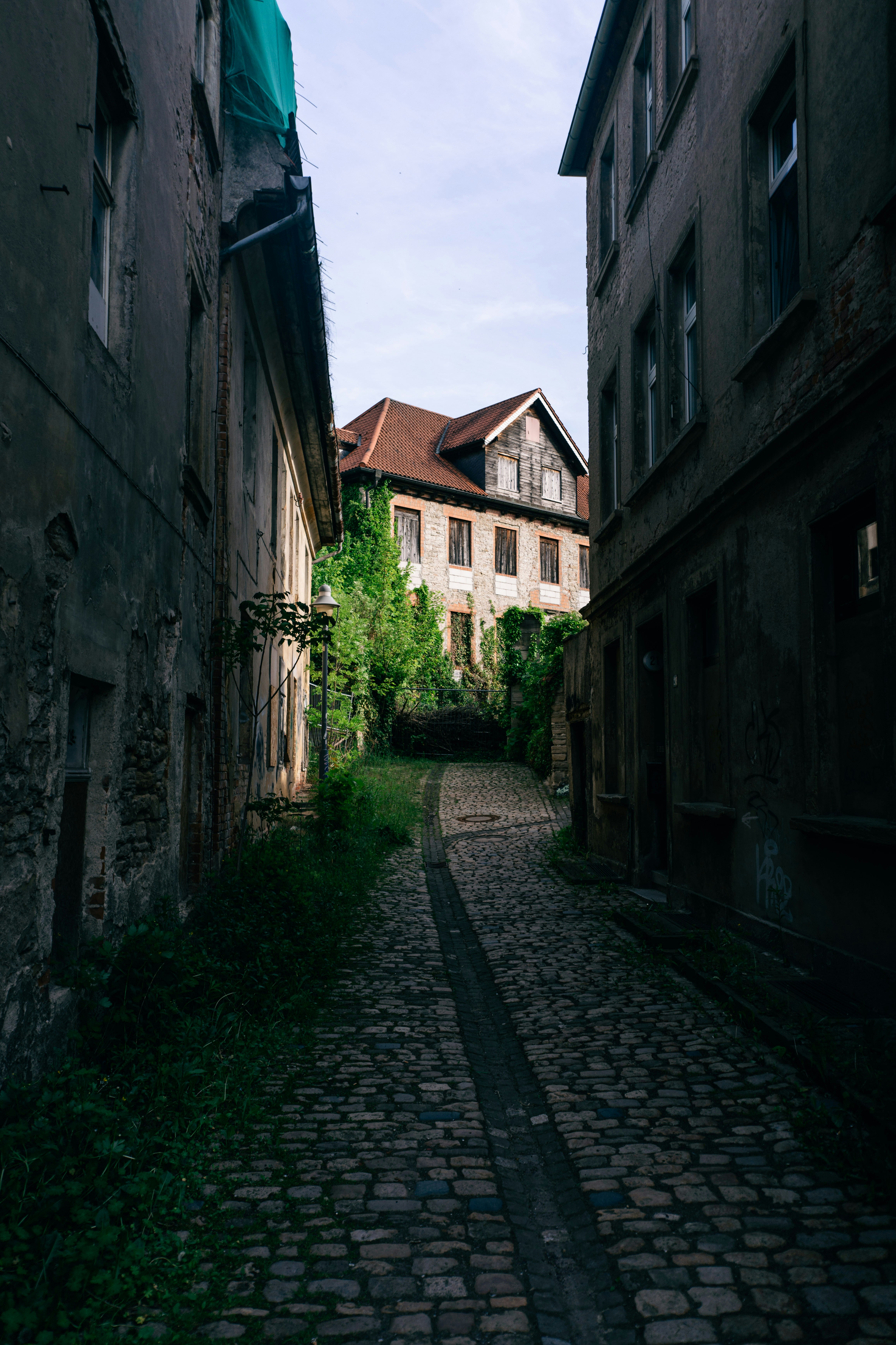 Sunlit Gap: A Quiet Alley Opens to a House of Red Roofs