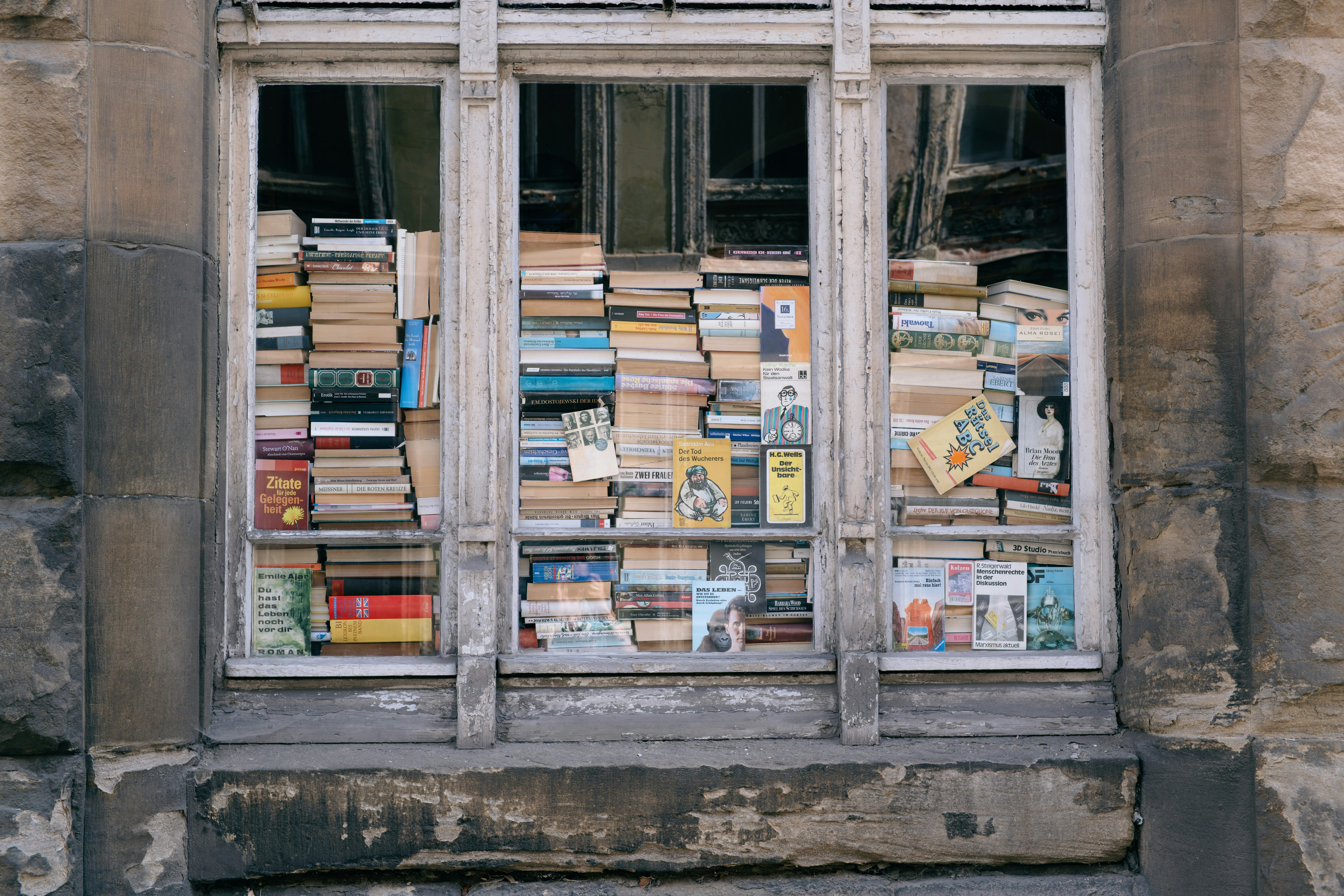 Books in a Window: A Quiet Cascade of Titles Framing a Crumbling Library Facade