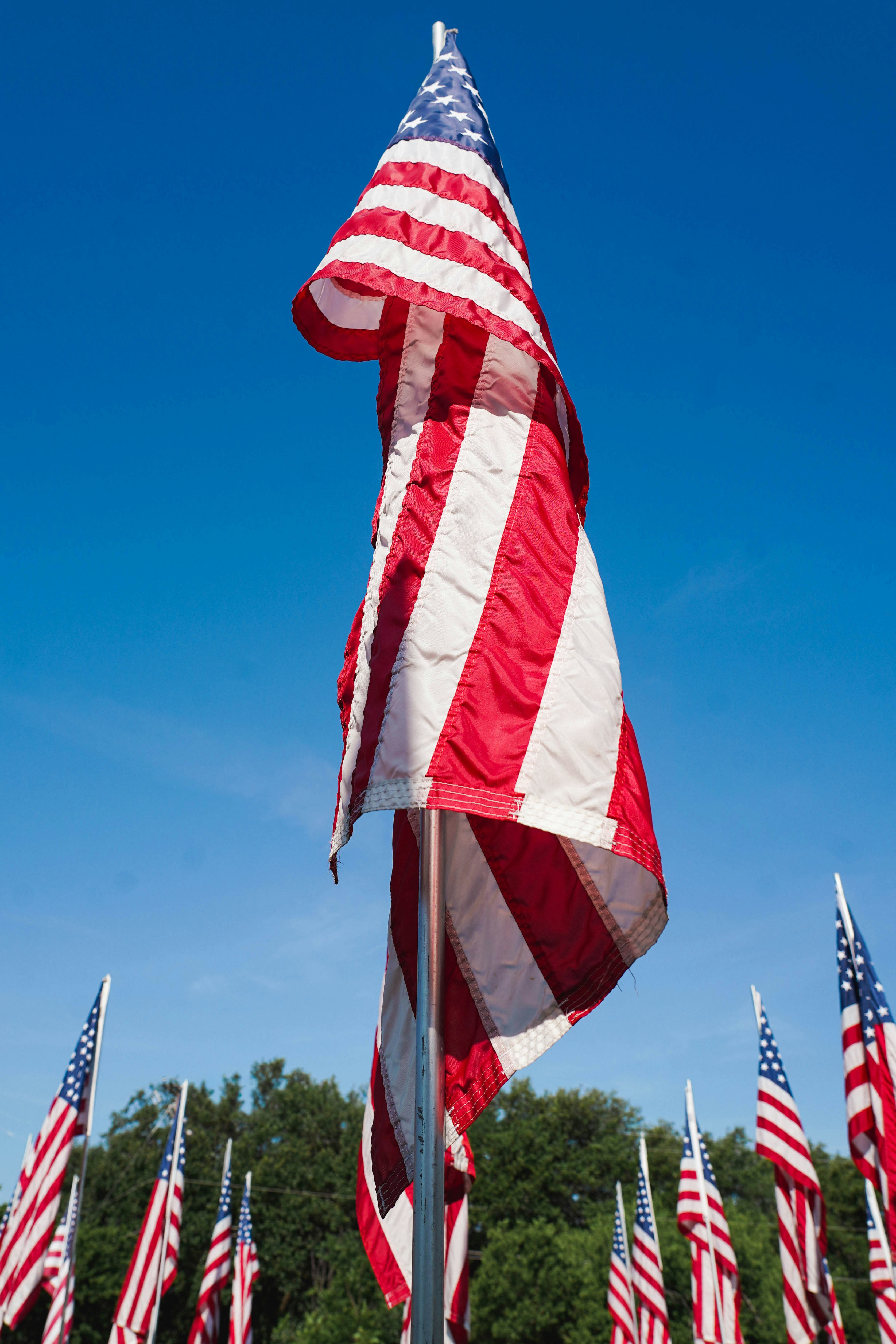 Flagpole Triumph: An Ocean of Stripes Against a Clear Blue Sky