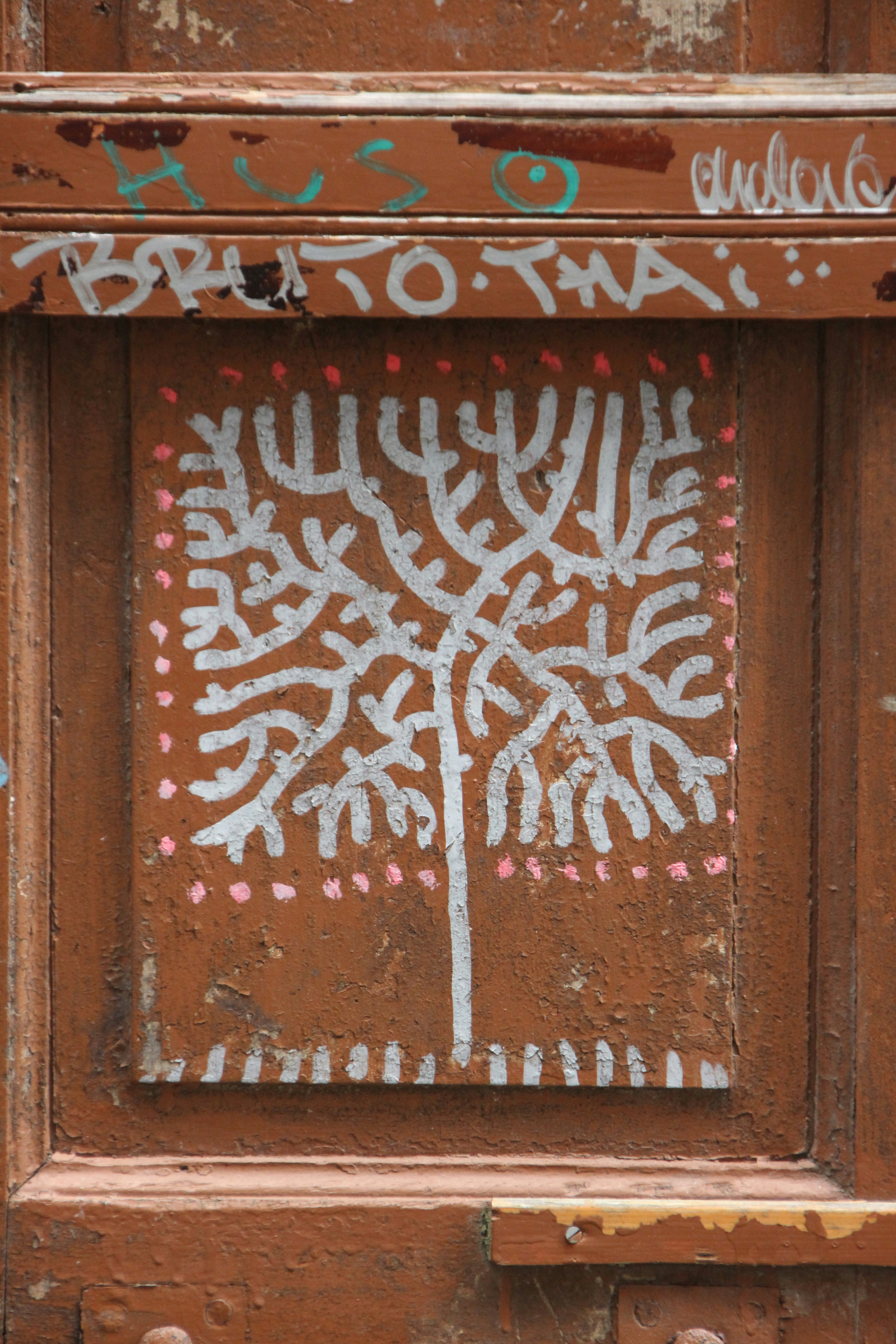 Tree-Root Glyph on Weathered Door: A Dried Terracotta Canvas