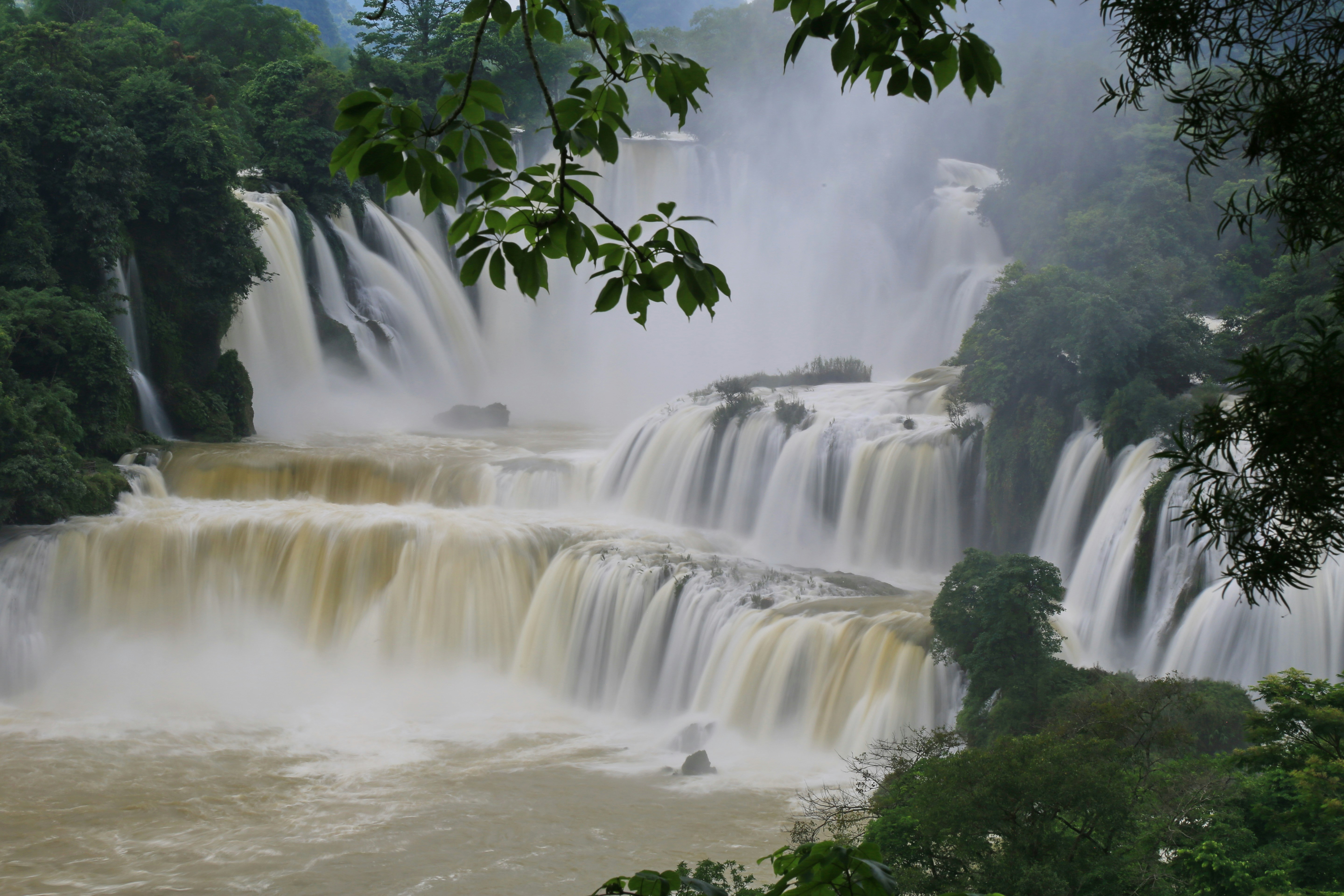 Veiled Cascades: A Broad Panorama of Mist and Forest