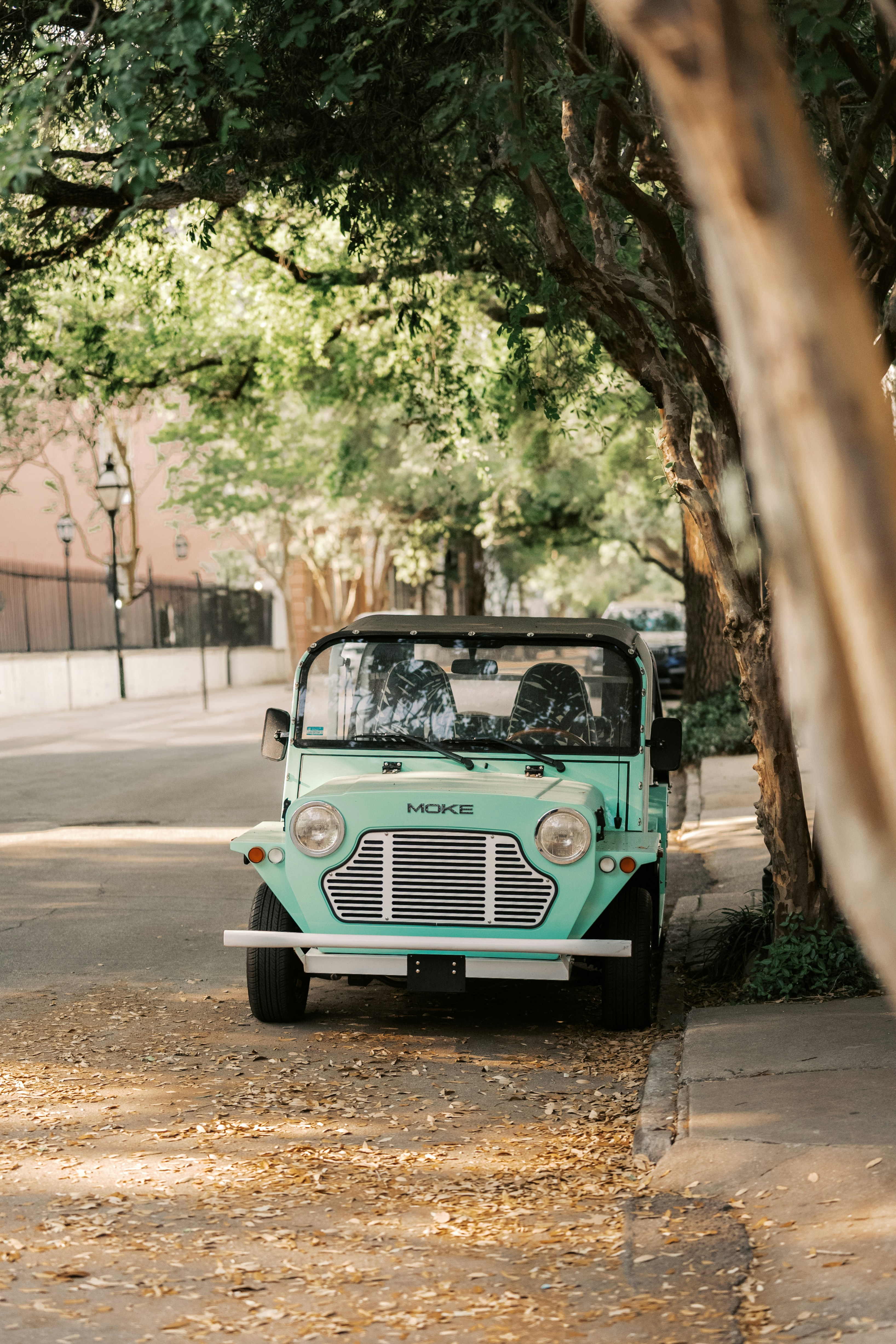 Minted Jeep on a Shaded City Lane
