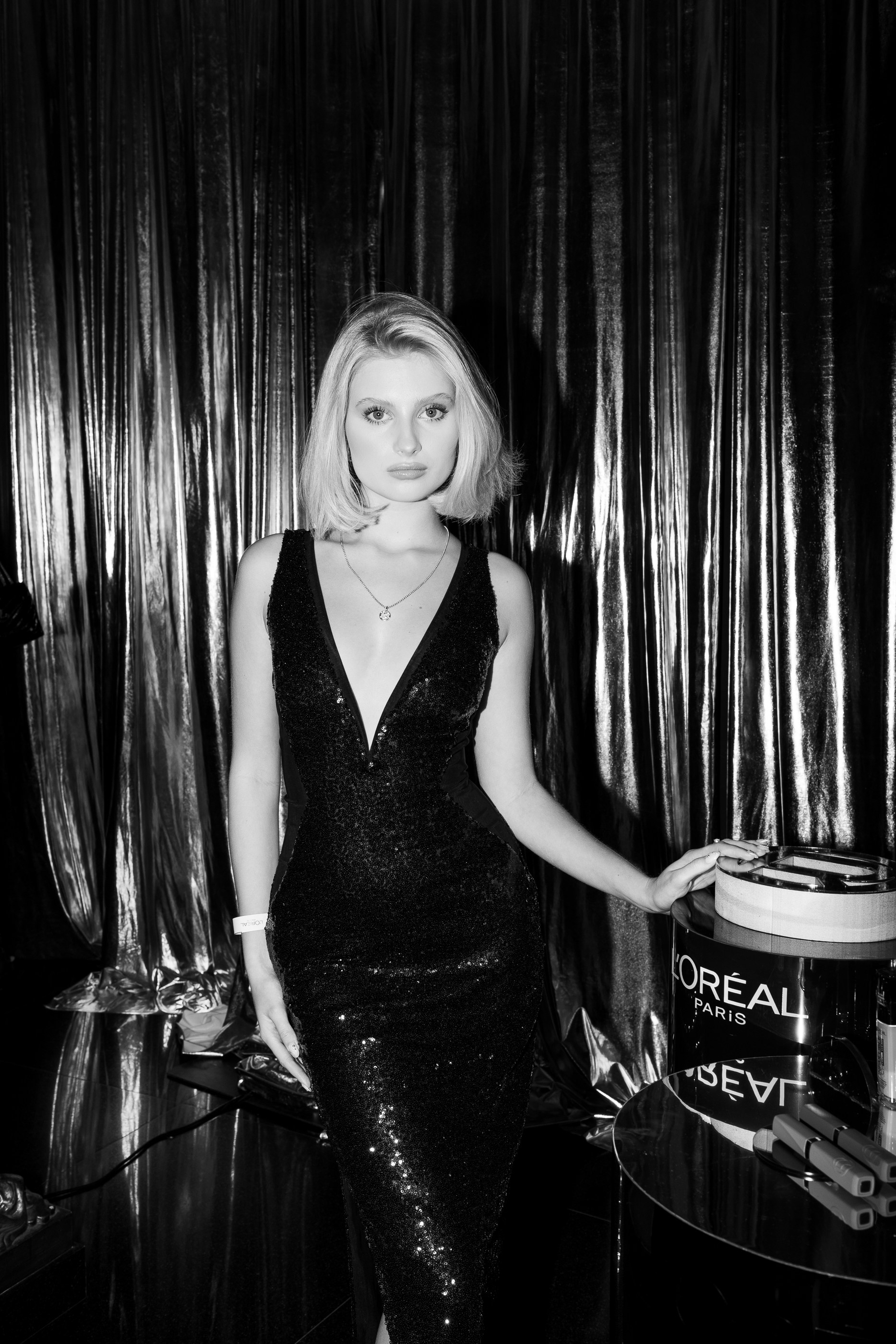 Midnight Glamour: A Platinum Muse in Velvet Night