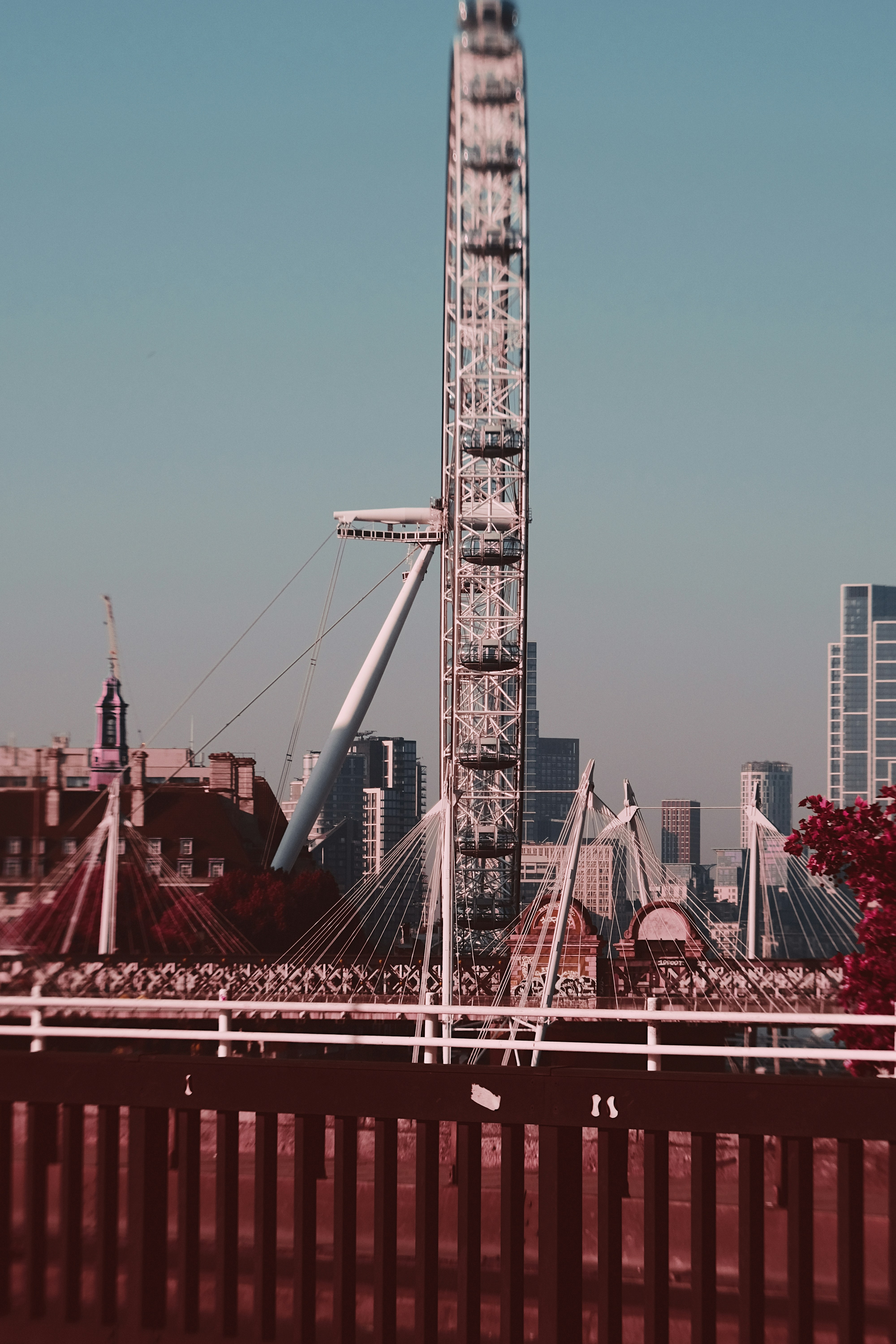 London Eye under clear sky: a cityscape frame with architectural silhouettes