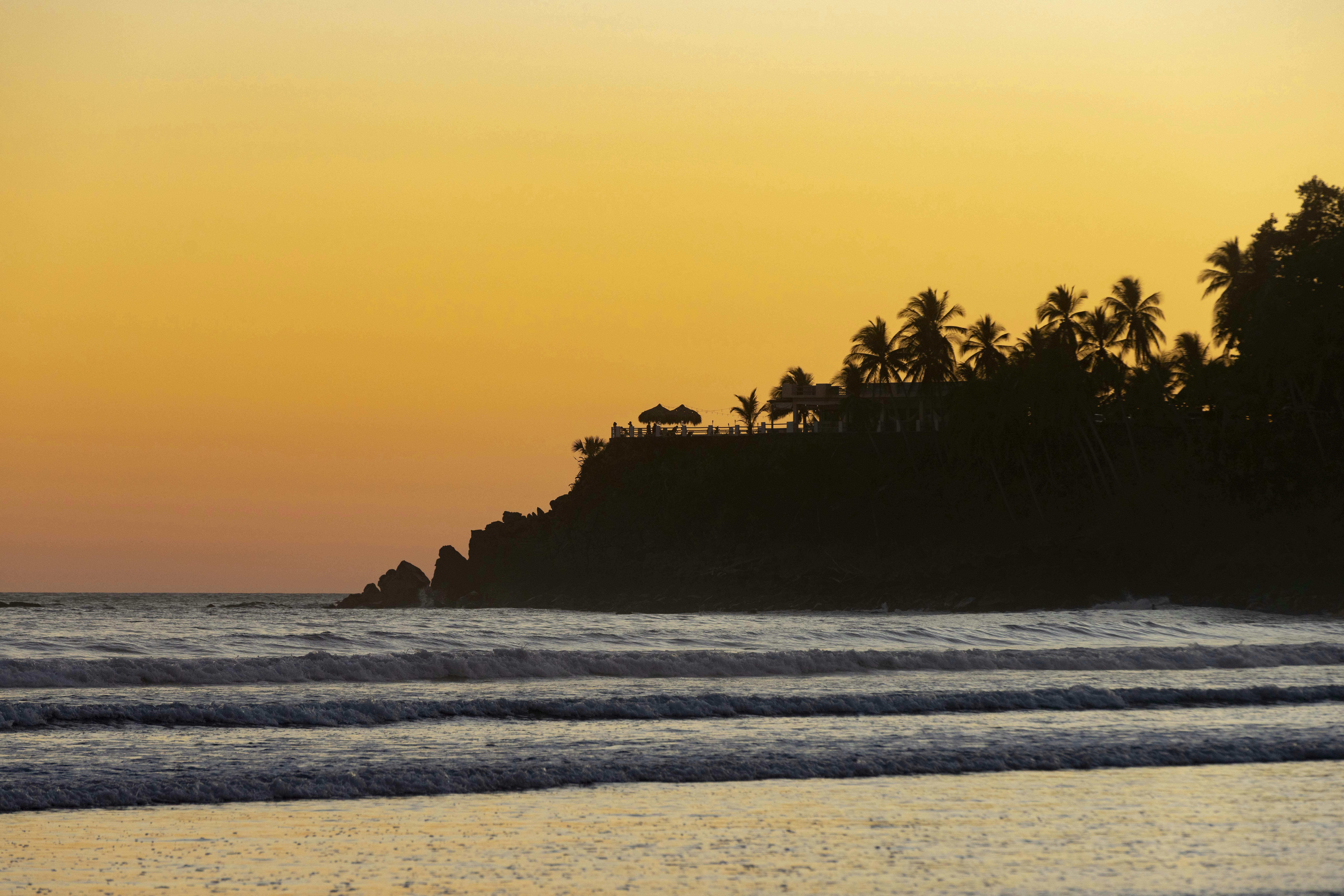 Sunset Over Silhouetted Palms: Quiet Coastlines of a Distant Cliff
