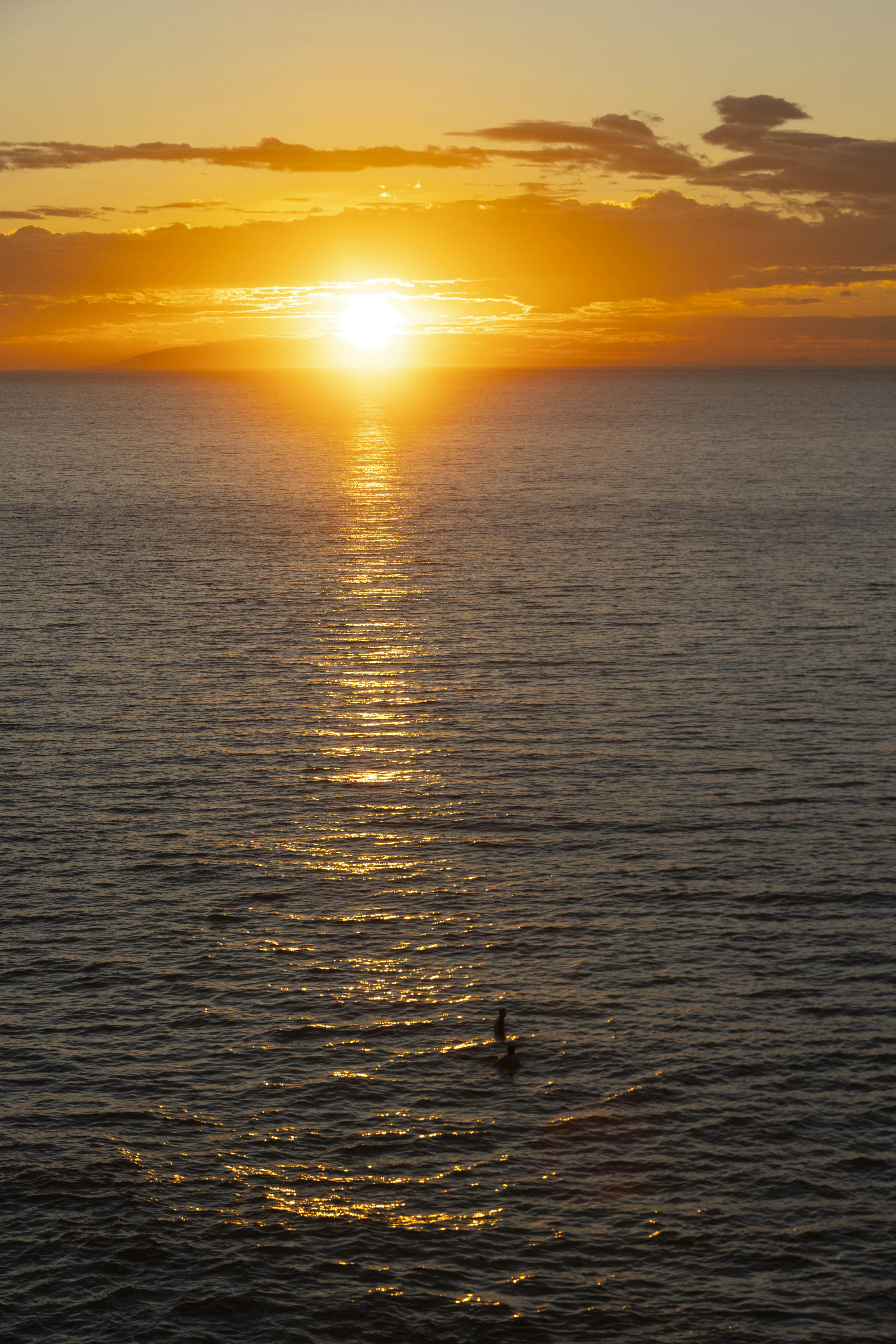 Sunlit Horizon: A Solitary Surfer Beneath a Golden Sea