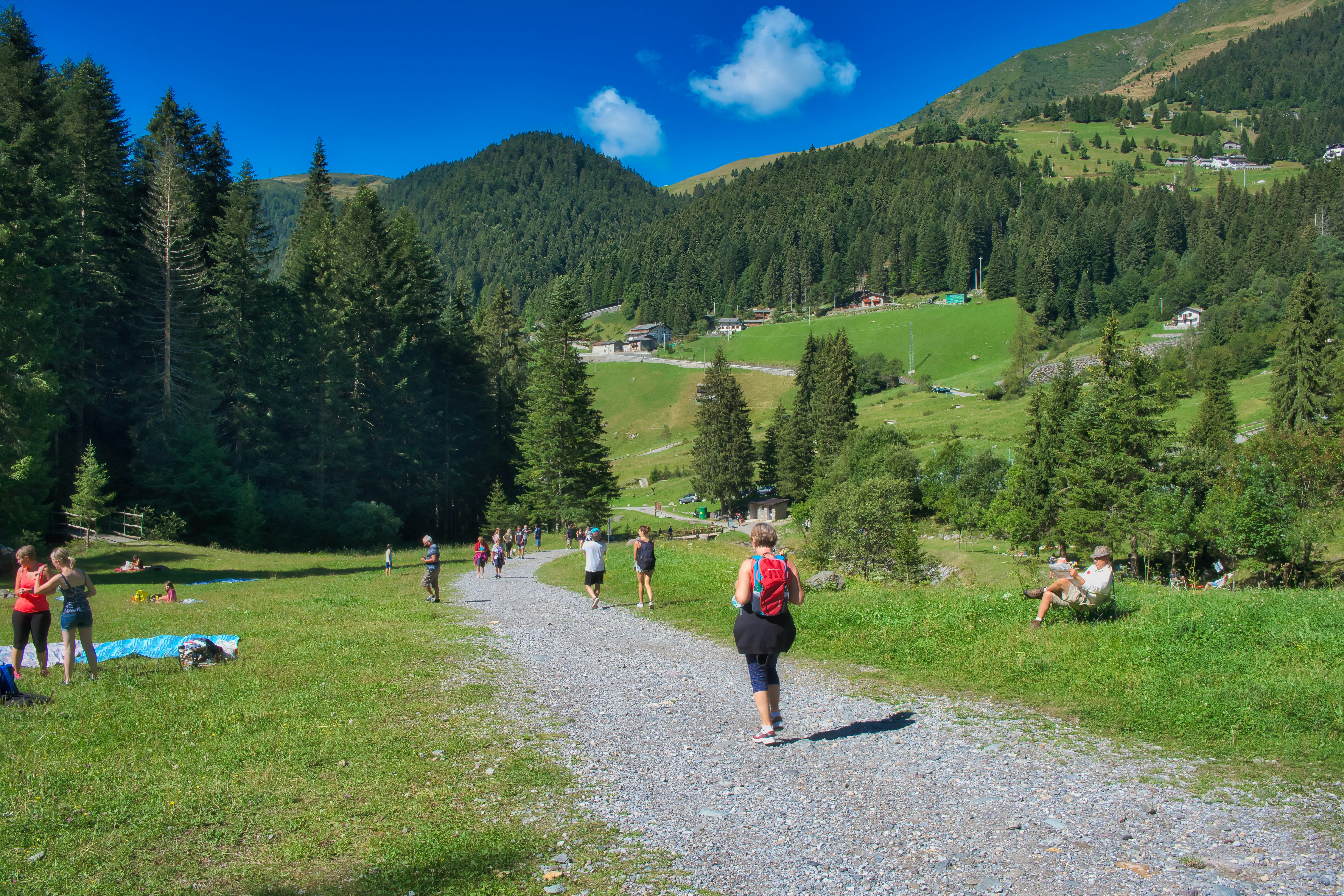 Hikers on a sunlit Alpine Valley Path