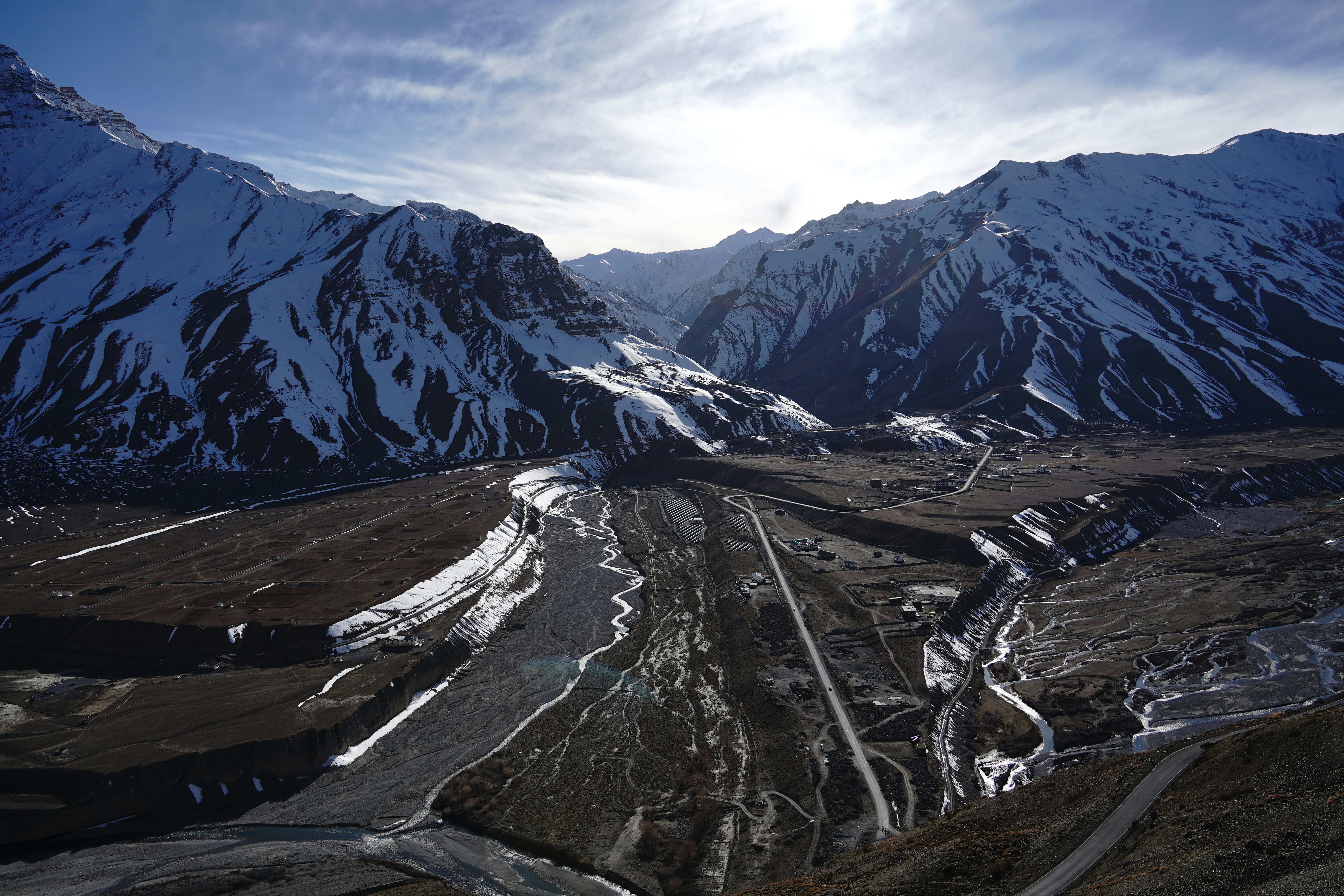 Snow-dusted Valleys and winding roads beneath jagged peaks