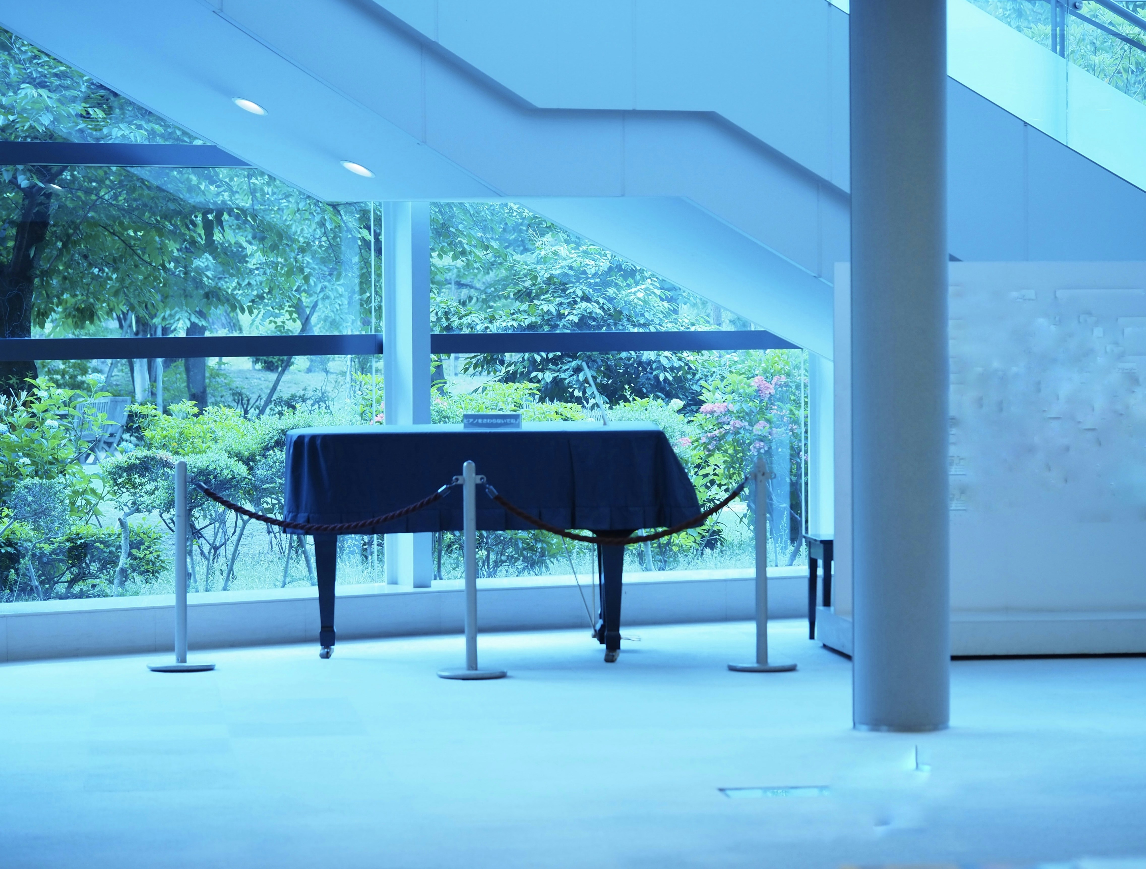 Blue-Tinted Quiet: Piano Bar Table in an Atrium