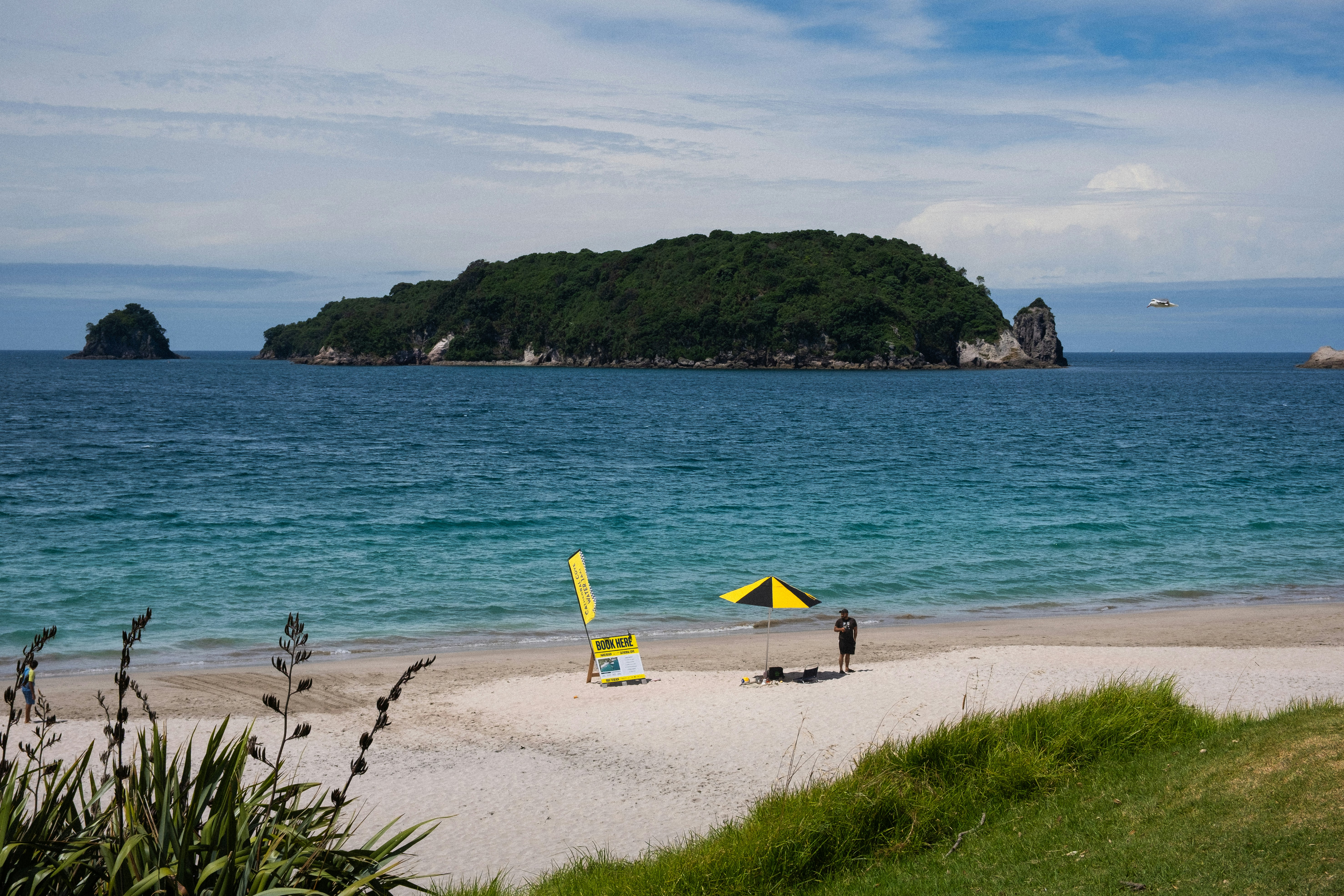 Sunlit Beach Signage and Umbrellas Framing a Quiet Sea