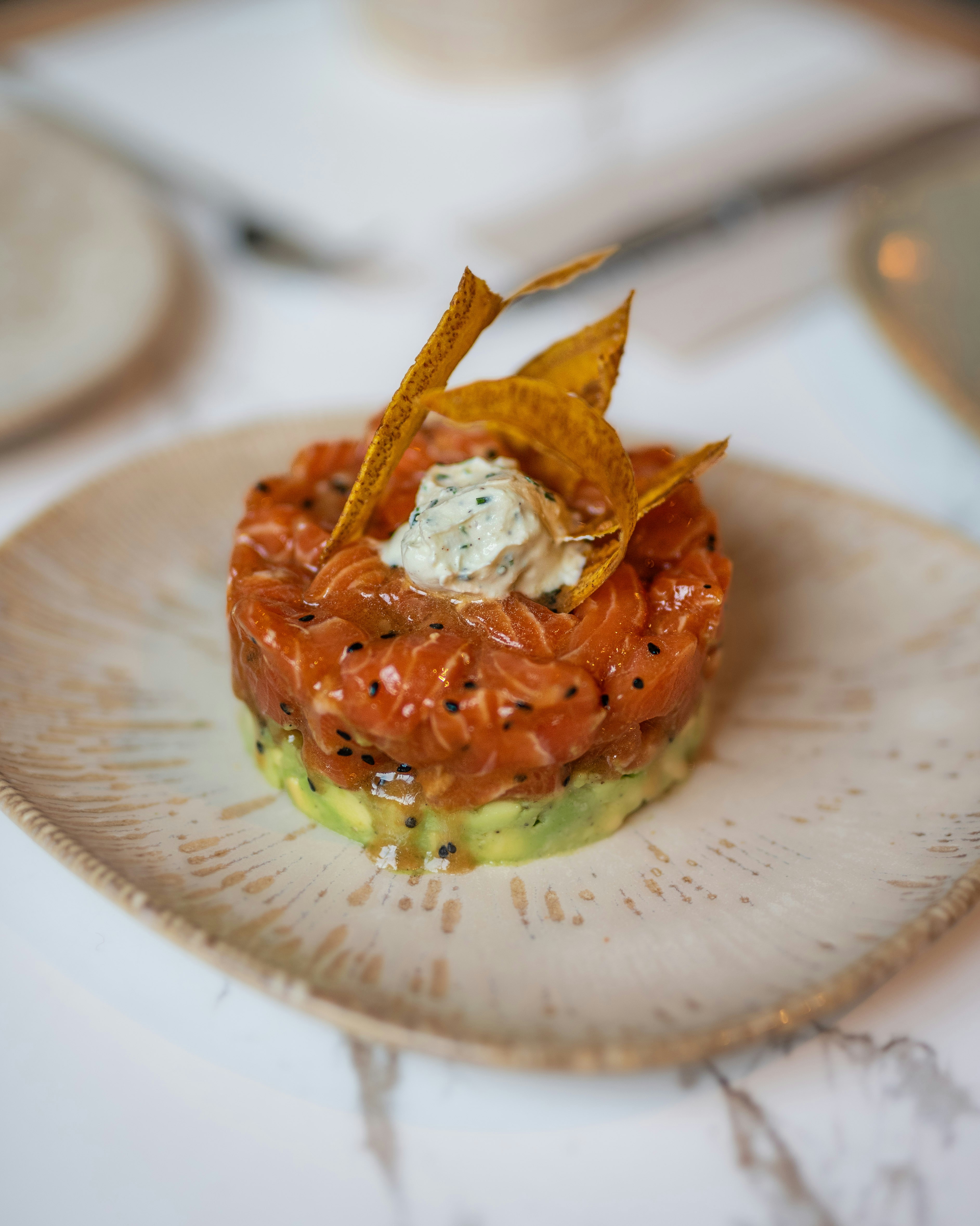 Salmon Tartare Crowned with Crispy Tortilla Veil and Creamy Avocado Base