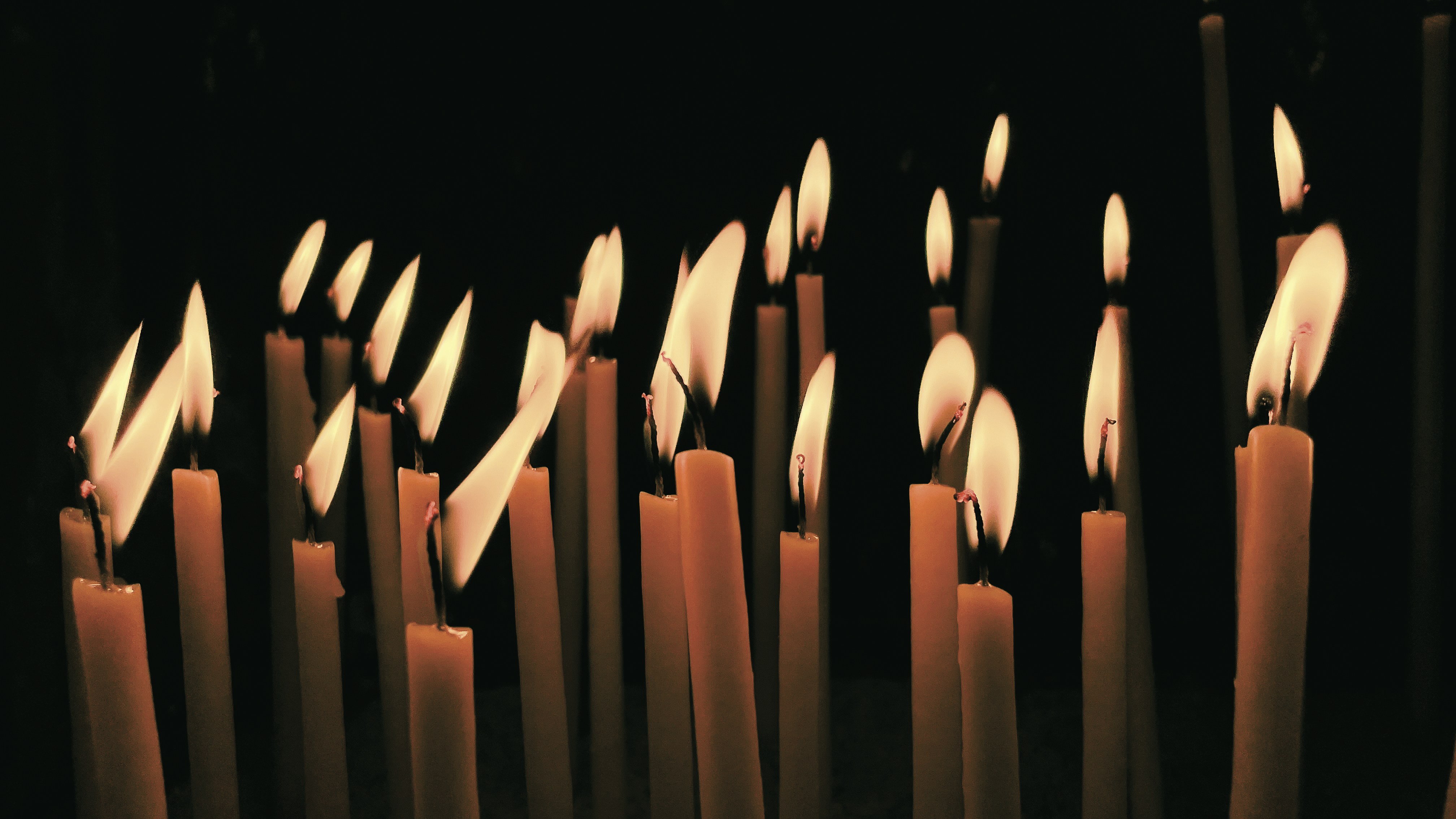 Row of lit candles glows against a dark background, focusing on soft, flickering flames and warm amber tones.