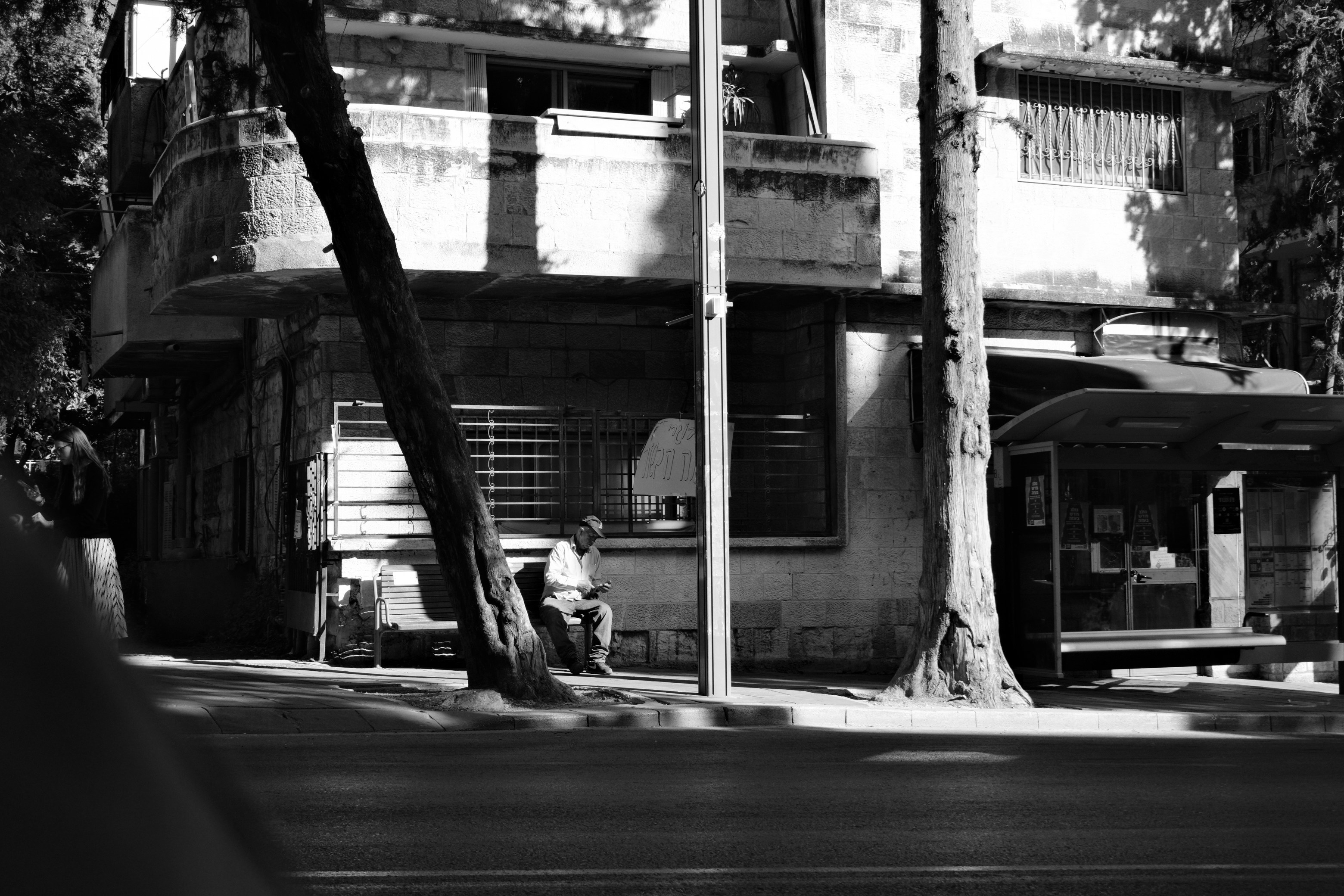 Silent Street Portrait: A Man in Shadow Beneath Urban Canopy