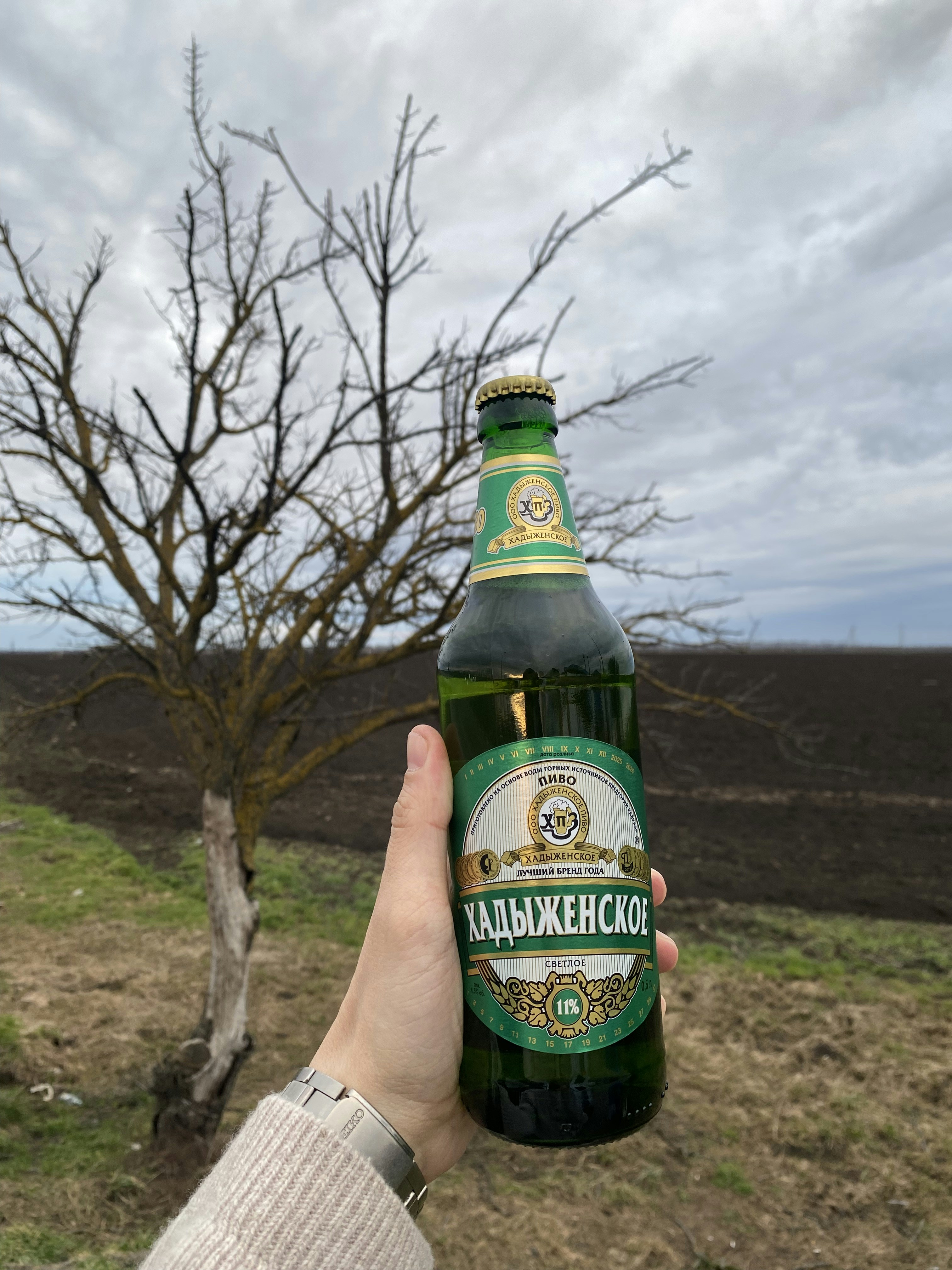 Hand-held Green Bottle with Bareful Orchard in the Background