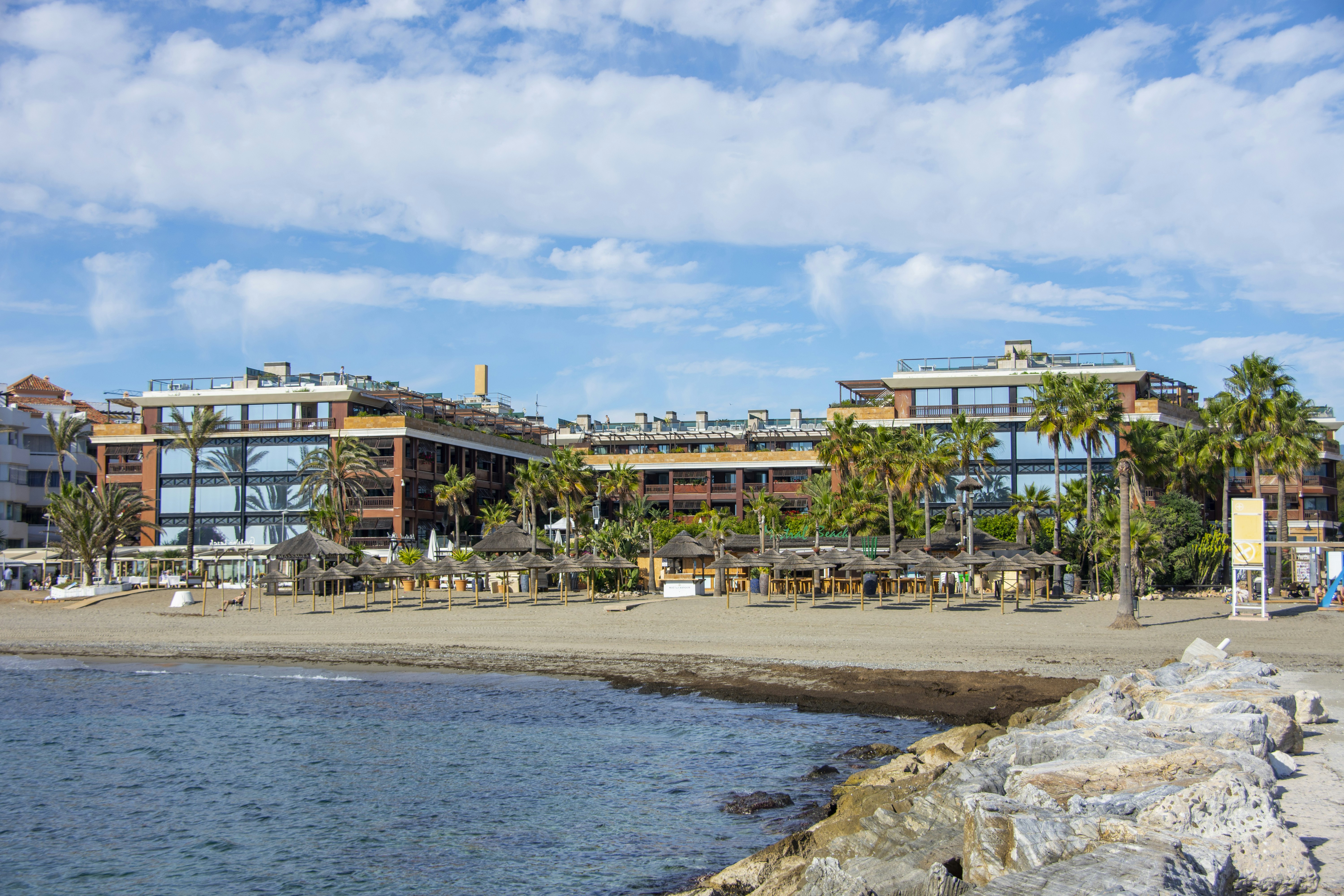 Sunny beachfront resort with palm-lined promenade and modern villas