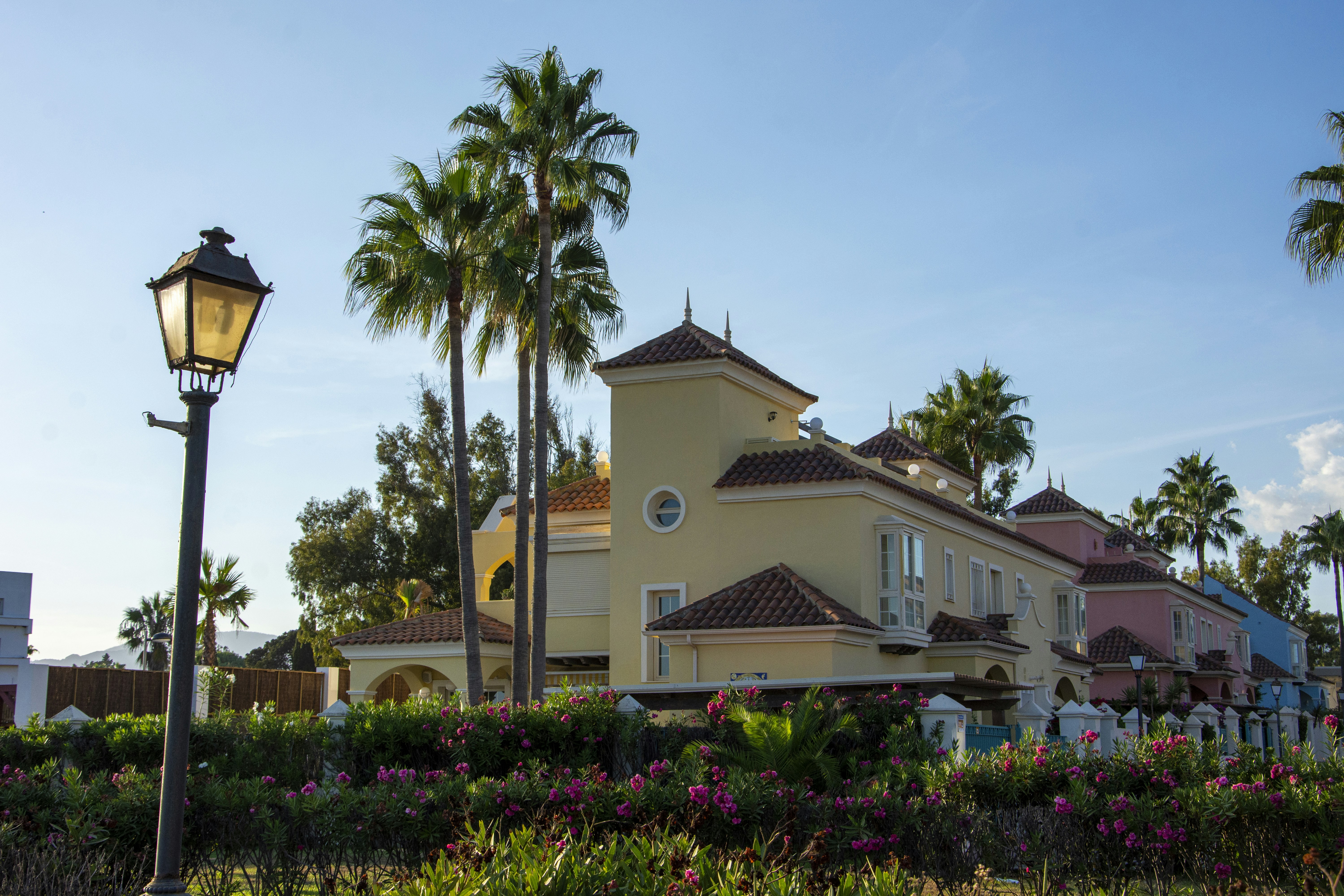 Sunny Mediterranean-Style Villa Row Framed by Palm Lined Boulevard