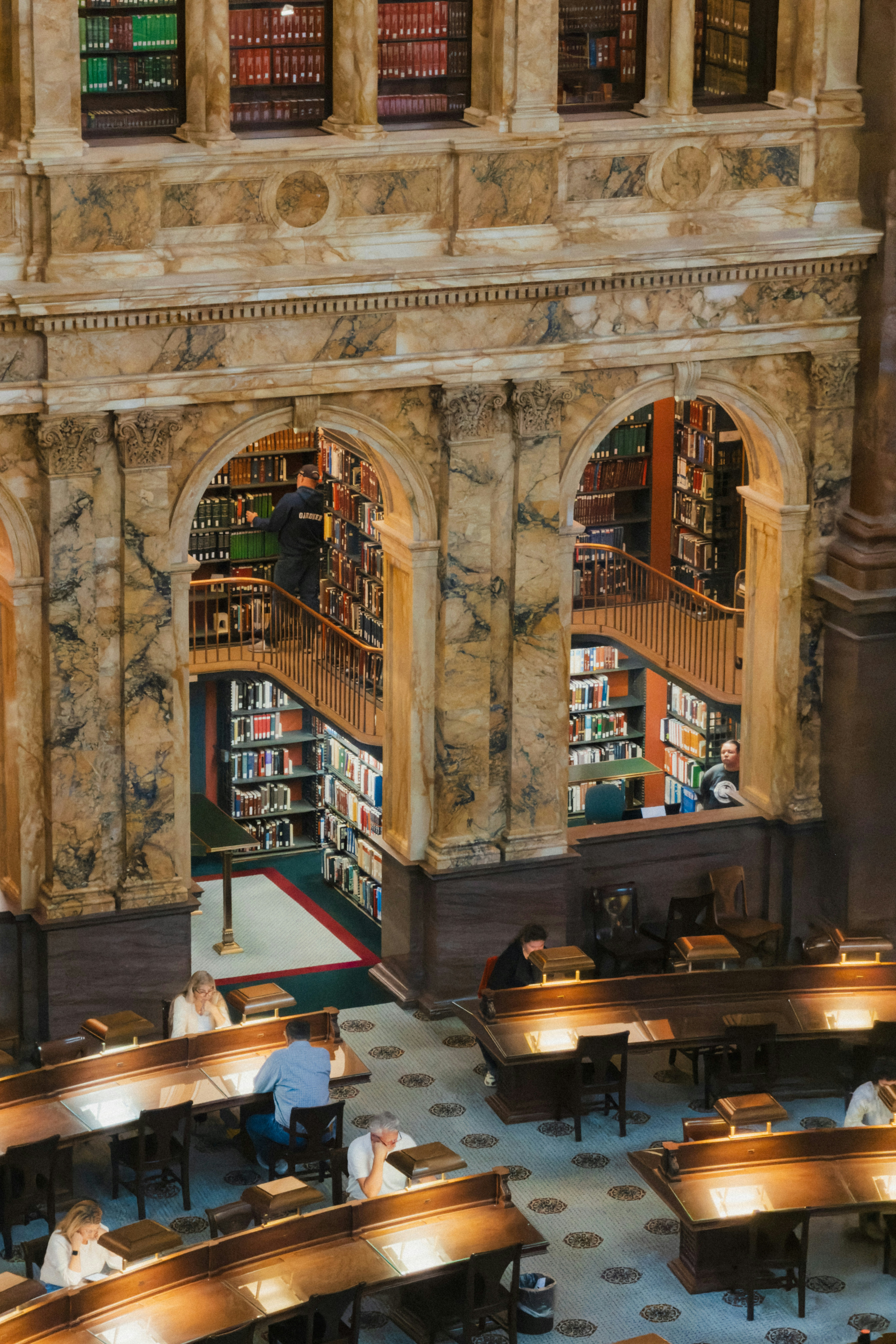 Marble Archives: Readers in a Grand Library Atrium