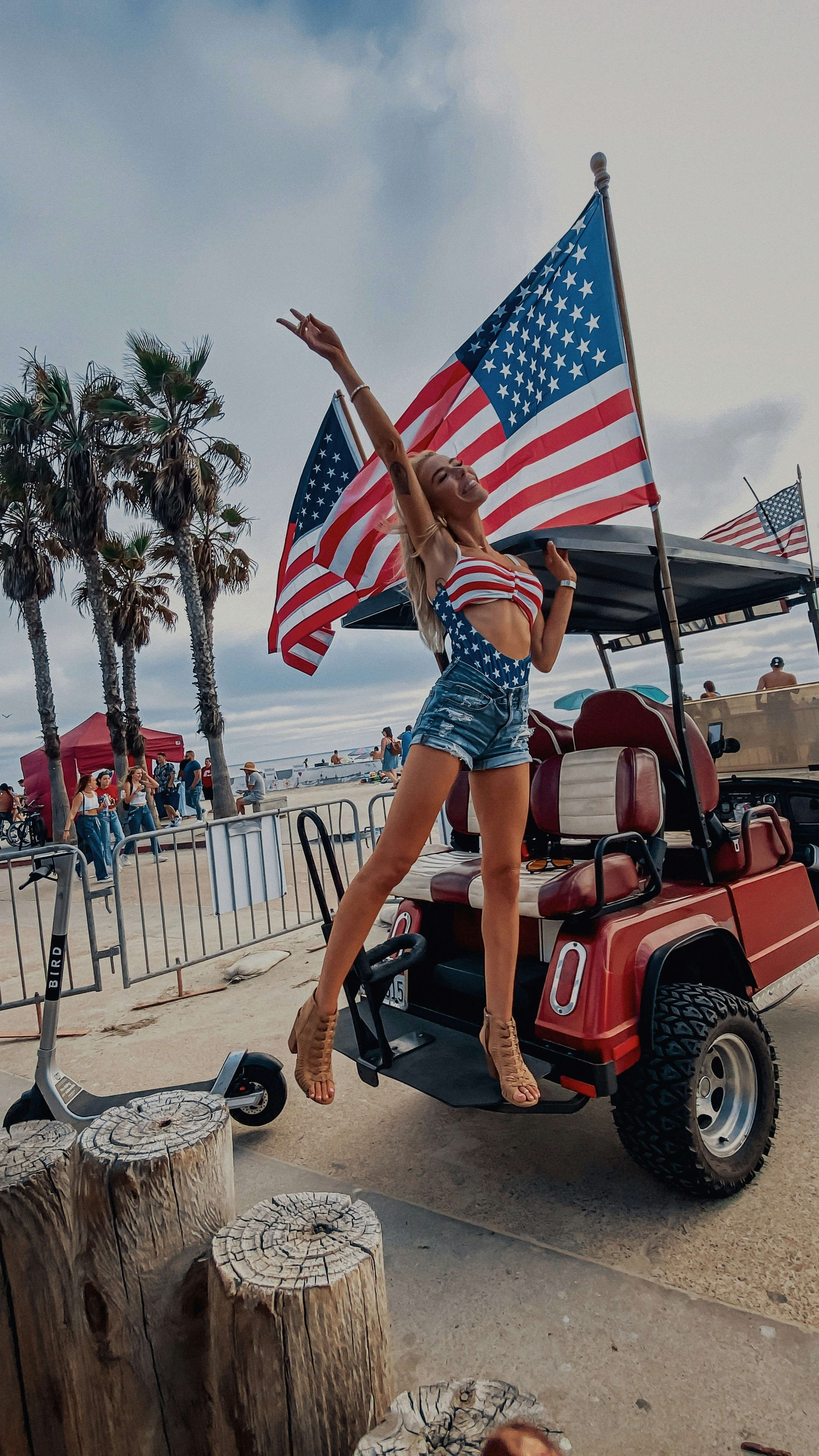 Freedom in Motion: A Flag, a Leap, and Sunset Neon