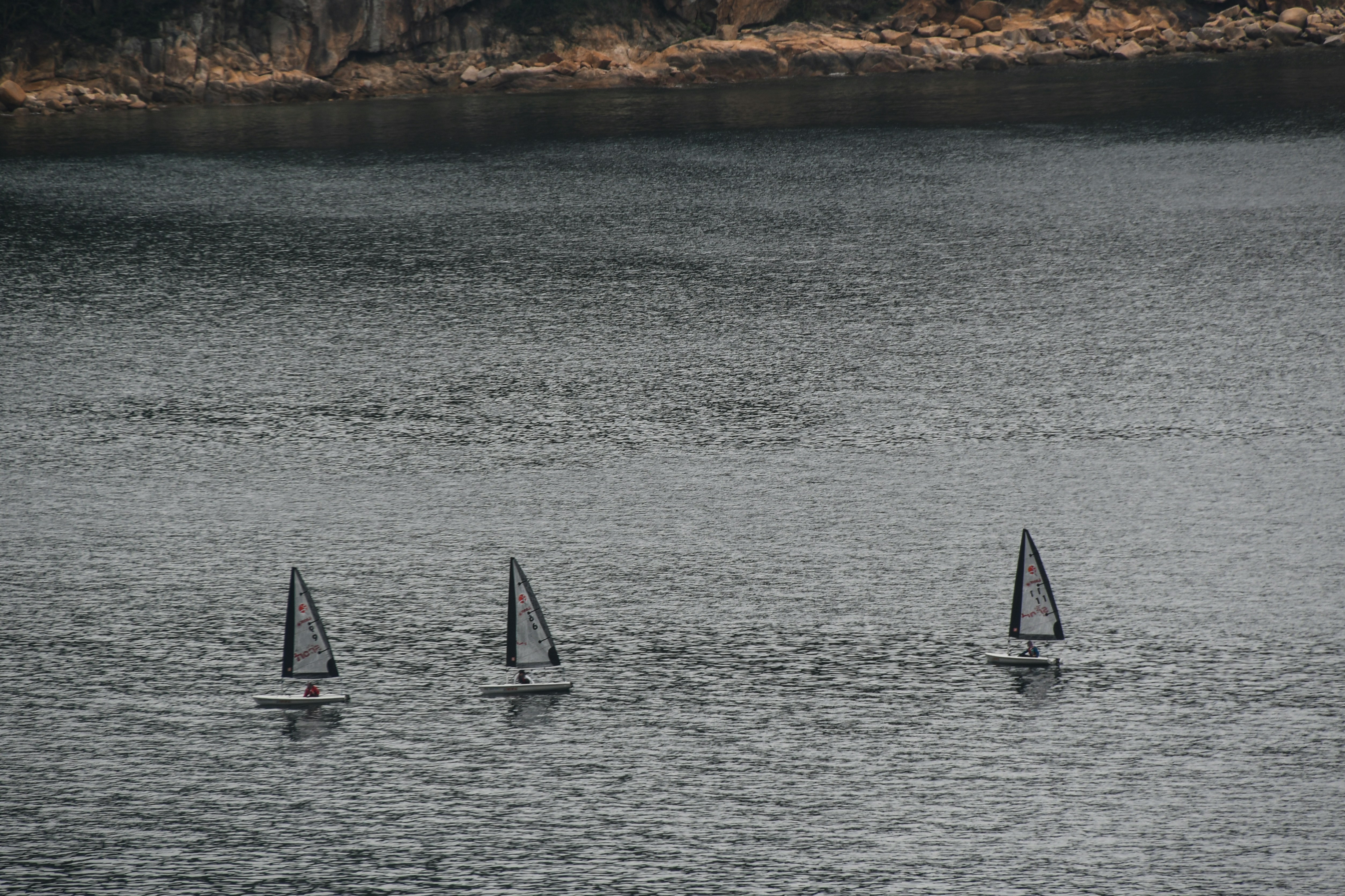 Three Tiny Sails Cut Across a Calm Coastal Glimmer