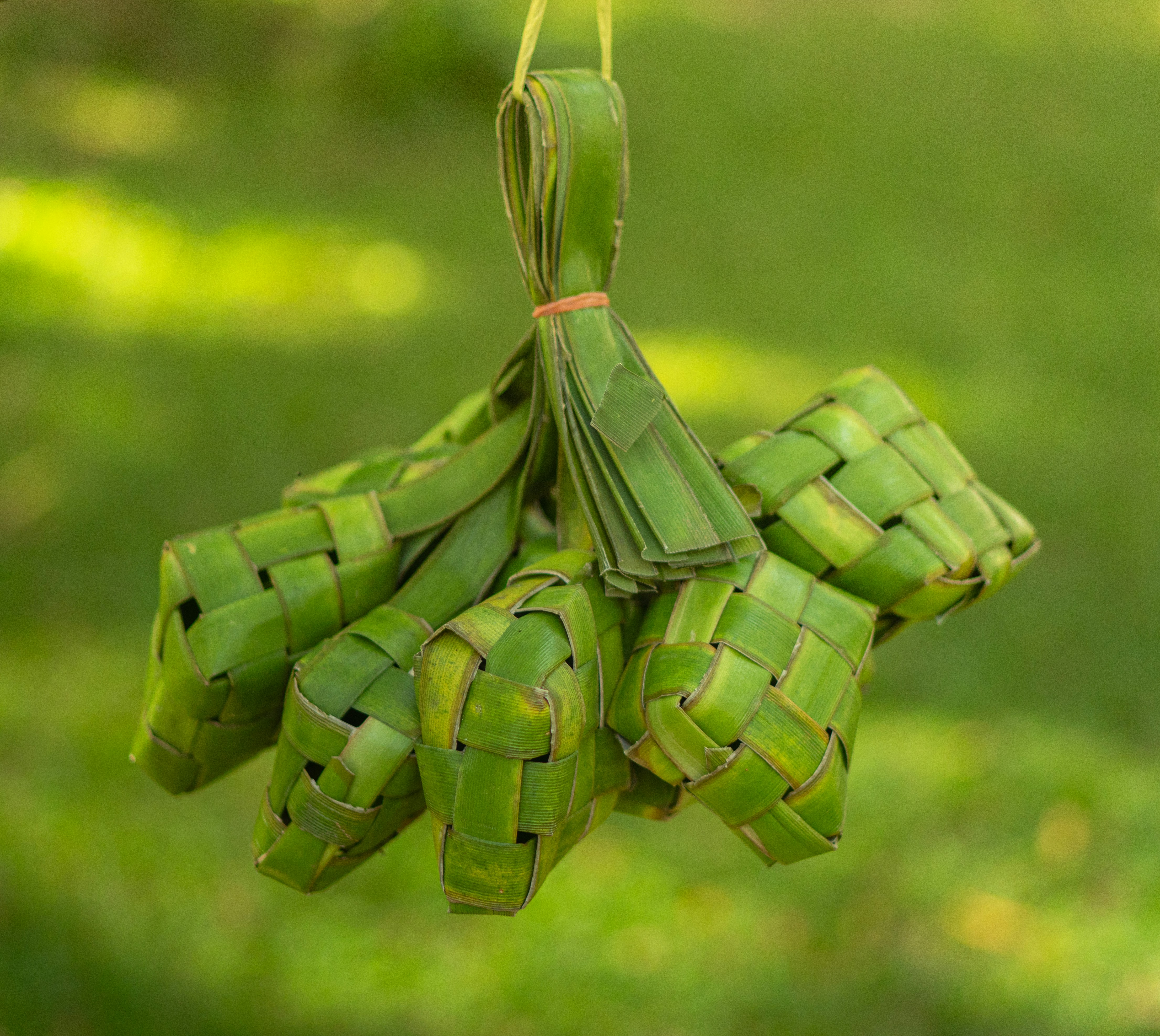 Braided green pot-holders: a hanging cluster of woven leaves