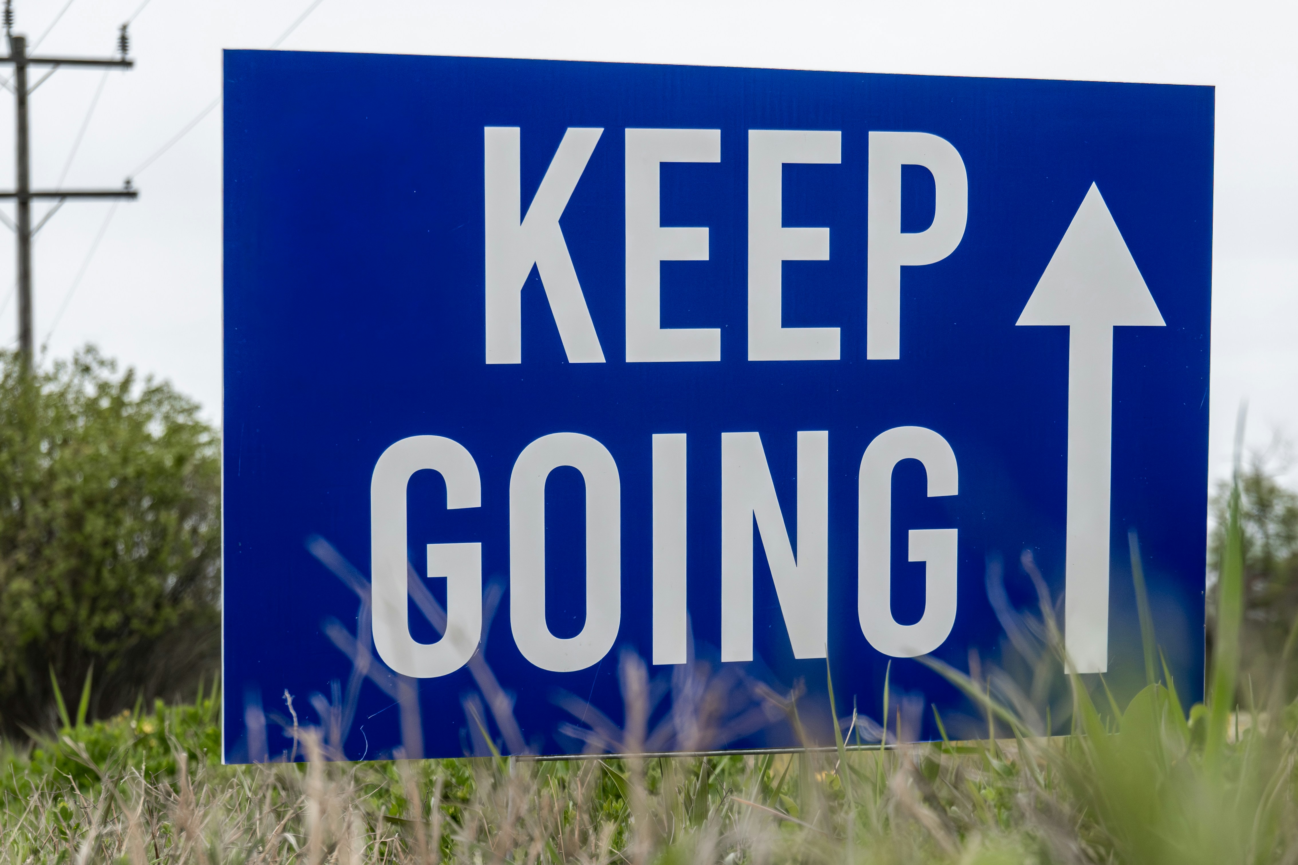 Keep Going: Bold Blue Motivational Road Sign among Tall Grass
