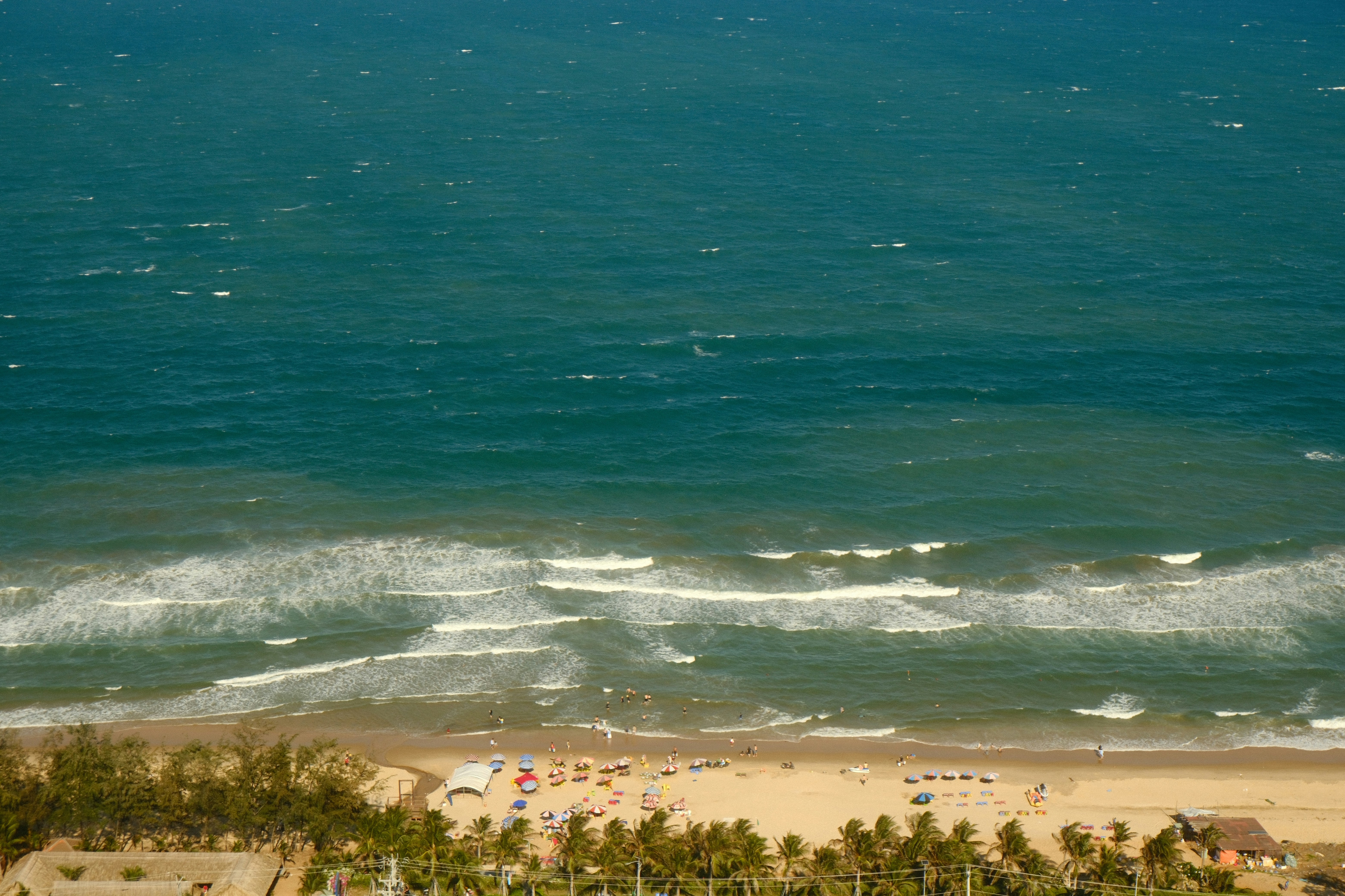 Sunlit Beach Patchwork: A Quiet Shoreline Scene from Above