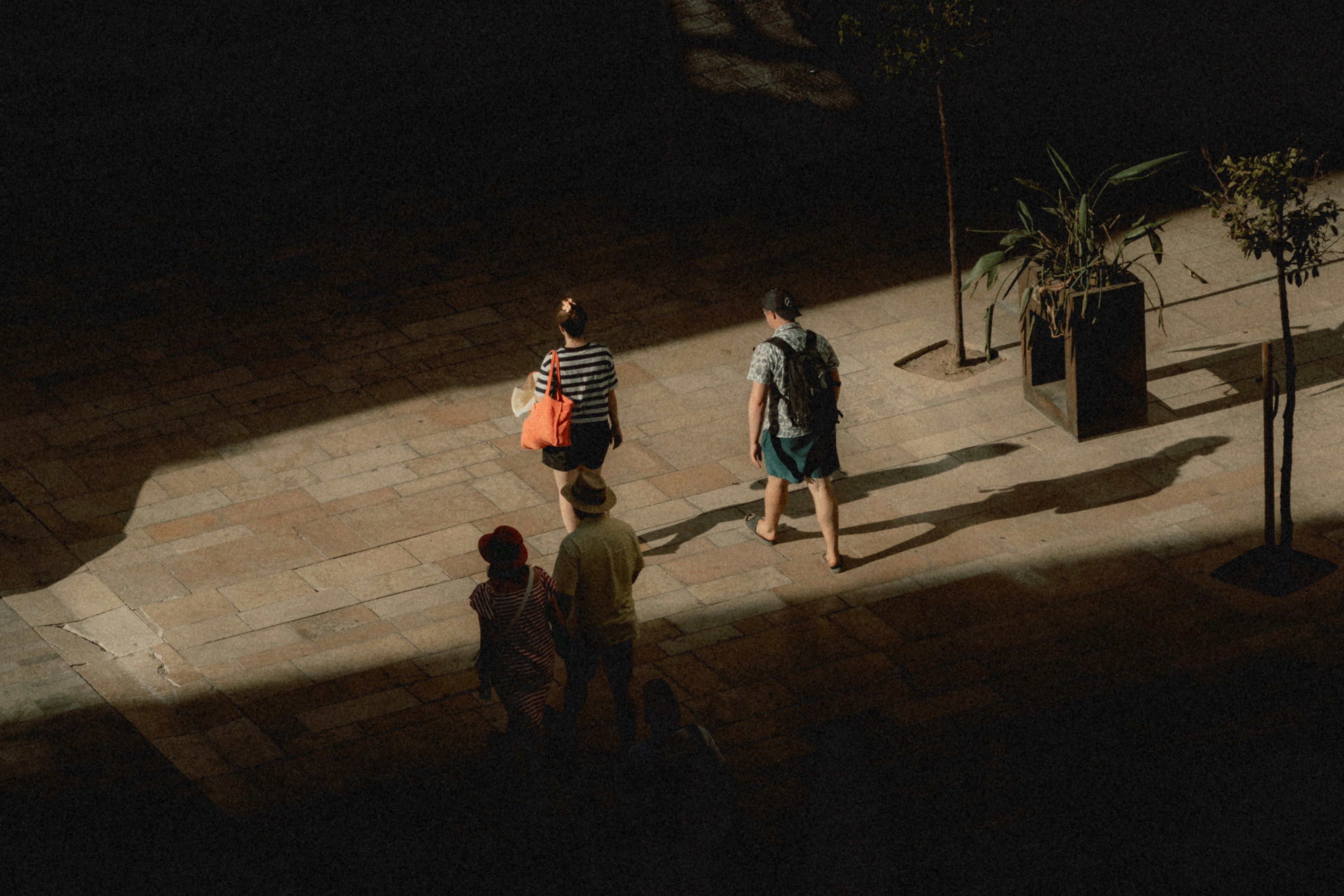 Shadows on the Walk: Luminous Line of Passersby in a Quiet Plaza